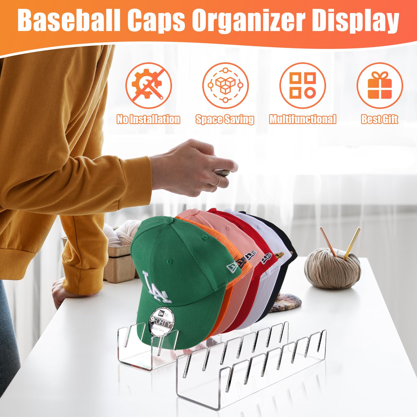 Sloworld Hat Stand for Baseball Caps, 2 Pcs No Install Acrylic Hat Organizer for 14 Baseball Caps, Hat Racks for Baseball Caps Display and Organizer for Bedroom, Closet, Dresser, Office (clear*2)
