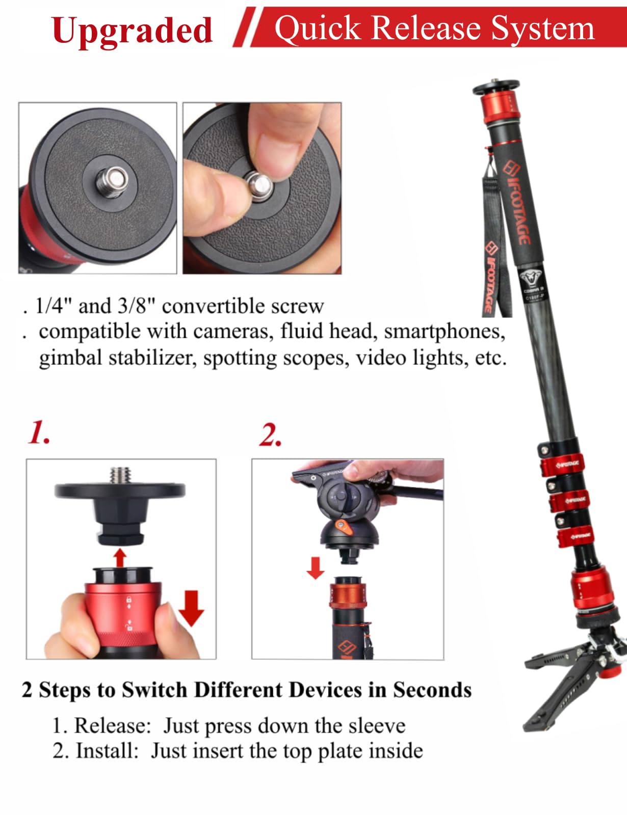 IFOOTAGE Cobra 3 Monopod C180F-P with K5S Fluid Head, Professional Portable Travel Monopod Kit for Canon Nikon Sony Olympus Panasonic DSLR Camera