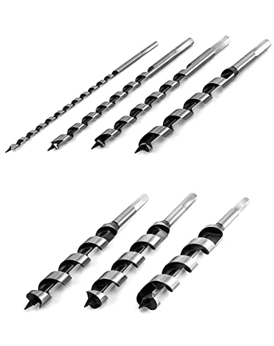 QWORK Auger Drill Bit Set, 7 Piece Set 9" Auger Bit Set Hardened Alloy Steel Ship Auger Bit Creates Deep Clean Hole Precise Drilling for Wood Drilling 1/4", 3/8", 1/2", 5/8", 3/4", 7/8",1"