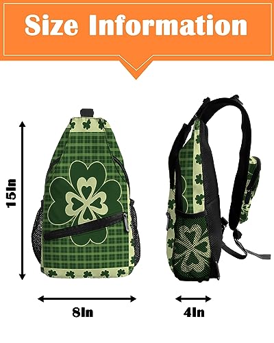 Sling Backpack, St. Patrick's Day Lucky Shamrock Green Check Waterproof Lightweight Small Sling Bag, Travel Chest Bag Crossbody Shoulder Bag Hiking Daypack for Women Men