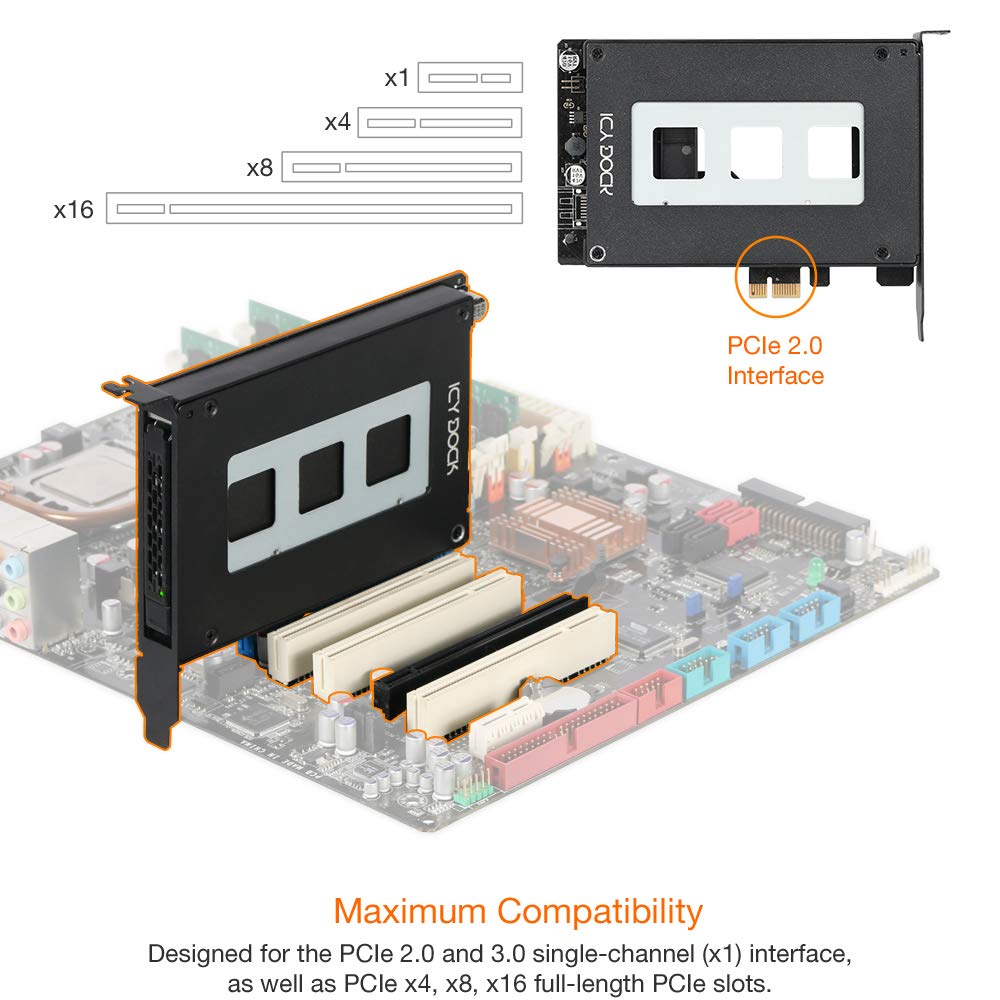 ICY DOCK 2.5 inch SATA SSD Removable Hard Drive Bay Adapter for PCIe Expansion Card Slot | ToughArmor MB839SP-B
