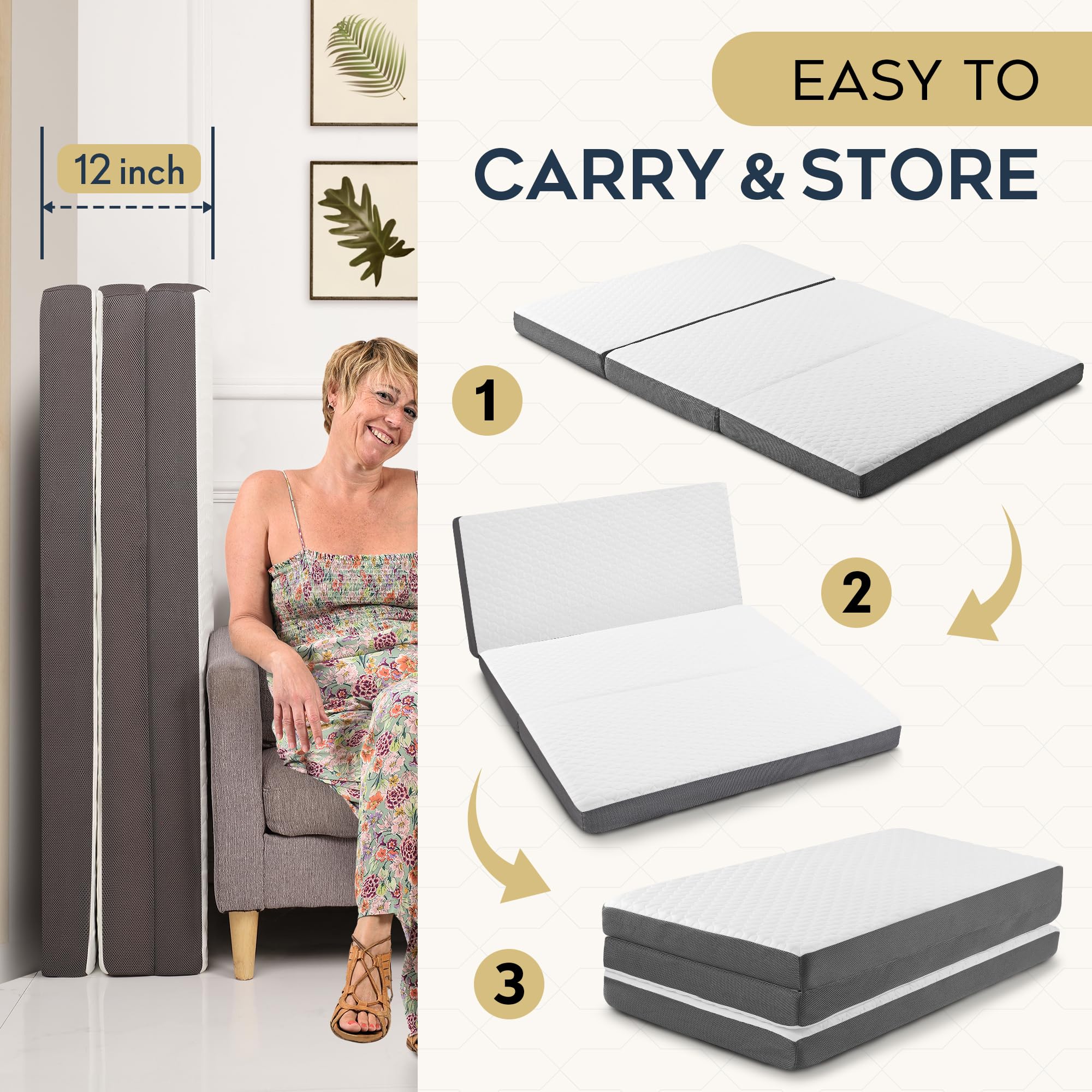 Tri Folding Mattress Twin with Memory Foam Layer - 4 Inch Trifold Foldable Bed Mattress with Washable Cover | Twin Size Mattress 75" x 38" x 4" Non-Slip Bottom Camping Floor Mattress Guest Bed