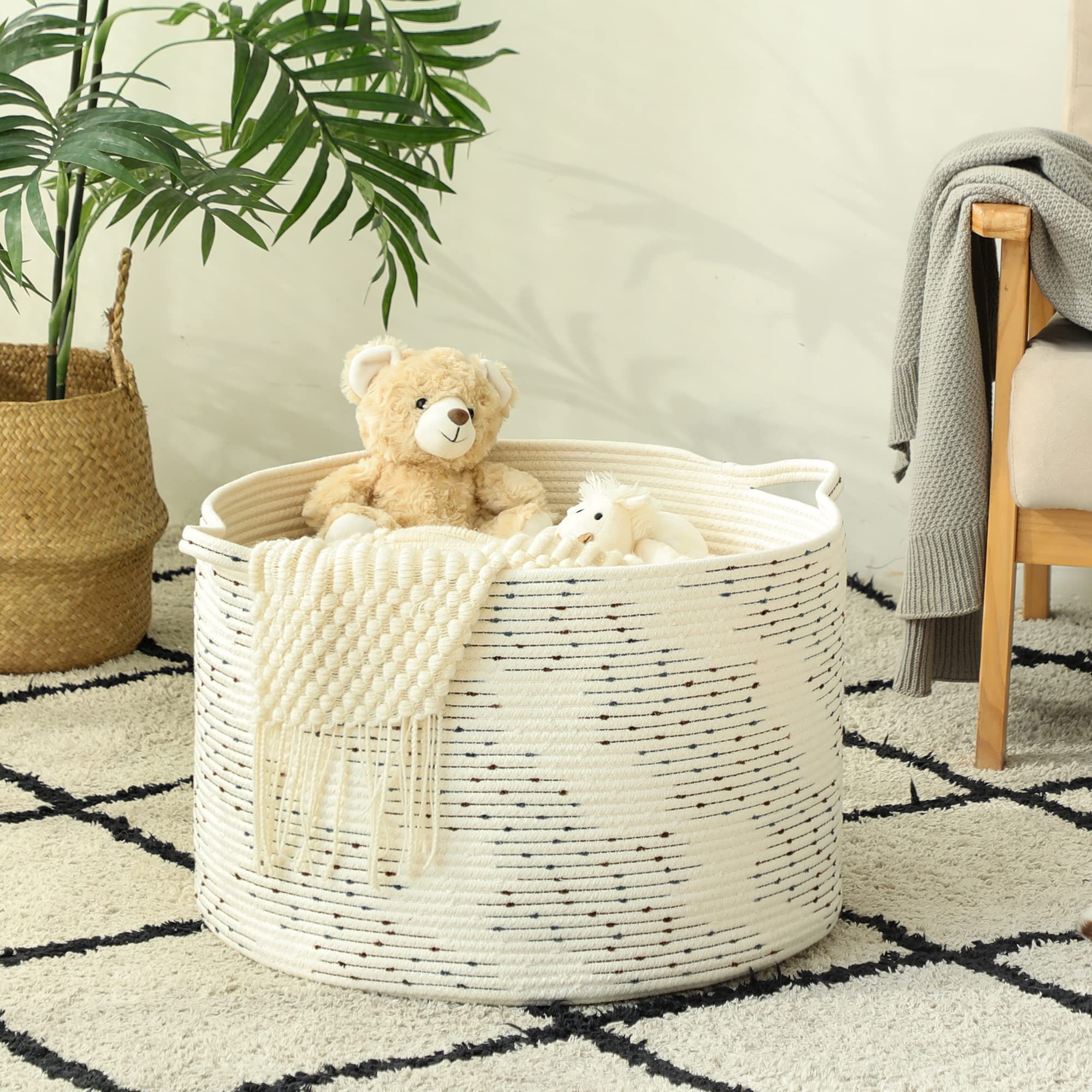 KAKAMAY Large Cotton Rope Blanket Basket (20"x13"),Woven Baby Laundry Hamper,Blanket Basket for Nursery, Laundry, Living Room, Pillows, Toys Dotted Pattern(White)