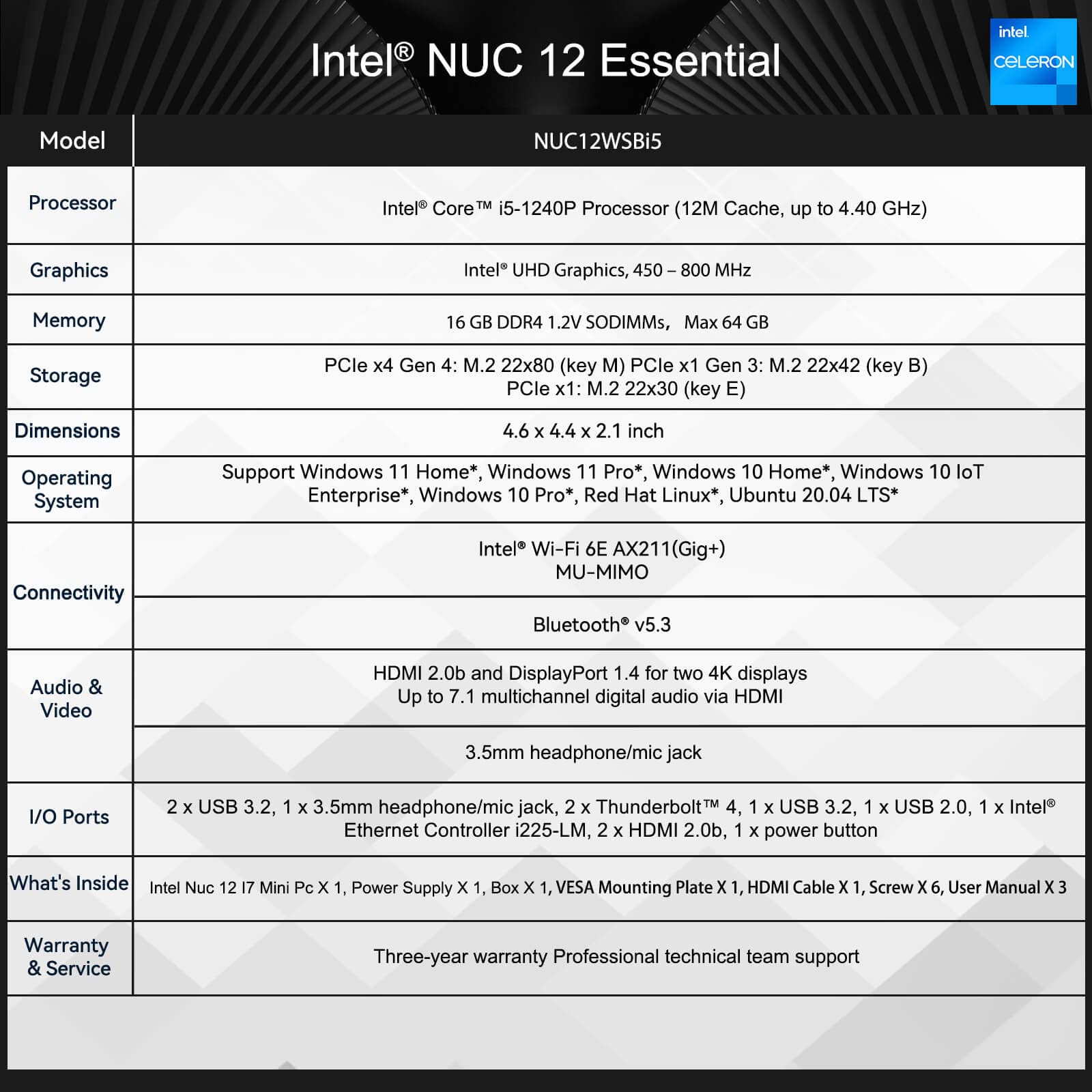 Intel NUC 12 Barebone Mini PC, Newest 12th Gen Core i5-1240P (12 Cores & 4.4GHz), Intel Mini Computer with WiFi 6E, 8K, Vesa Mounting Bracket (No RAM, No SSD, NO OS, Added Components Needed)