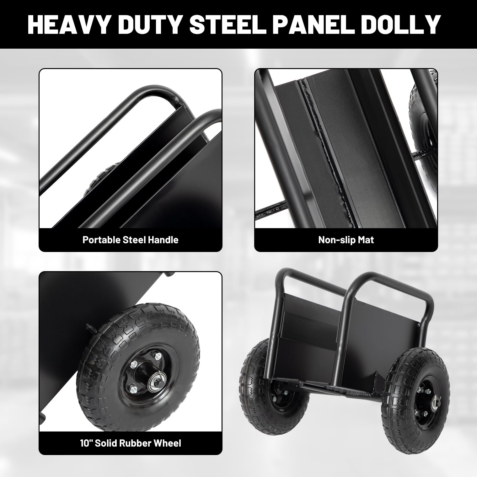 Reykilor Heavy Duty Panel Dolly, Slab Dolly, 10" Solid Rubber Tires, 1000lbs Panel Cart with Handle, All-Terrain Movement for Drywall, Wood Paneling, Wall Panel, Sheetrock, Lumber, Door Material