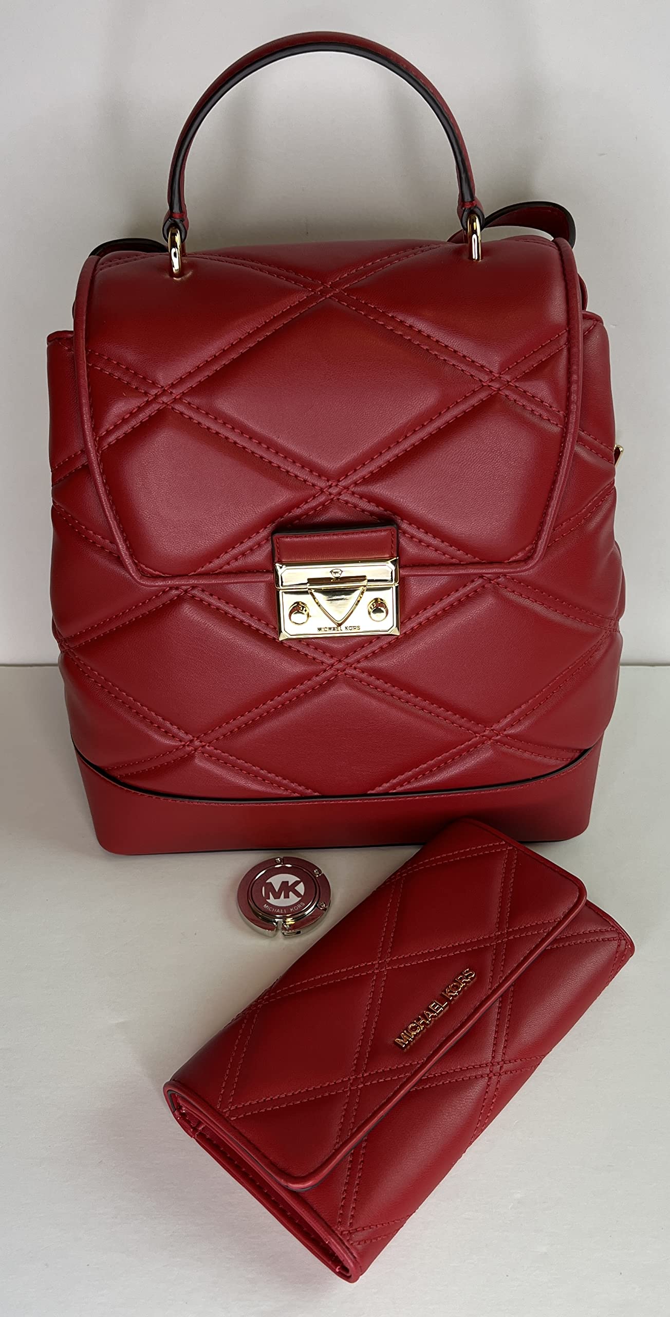 Michael Kors Serena MD Flap Backpack bundled with Trifold Wallet and Purse Hook (Chili)