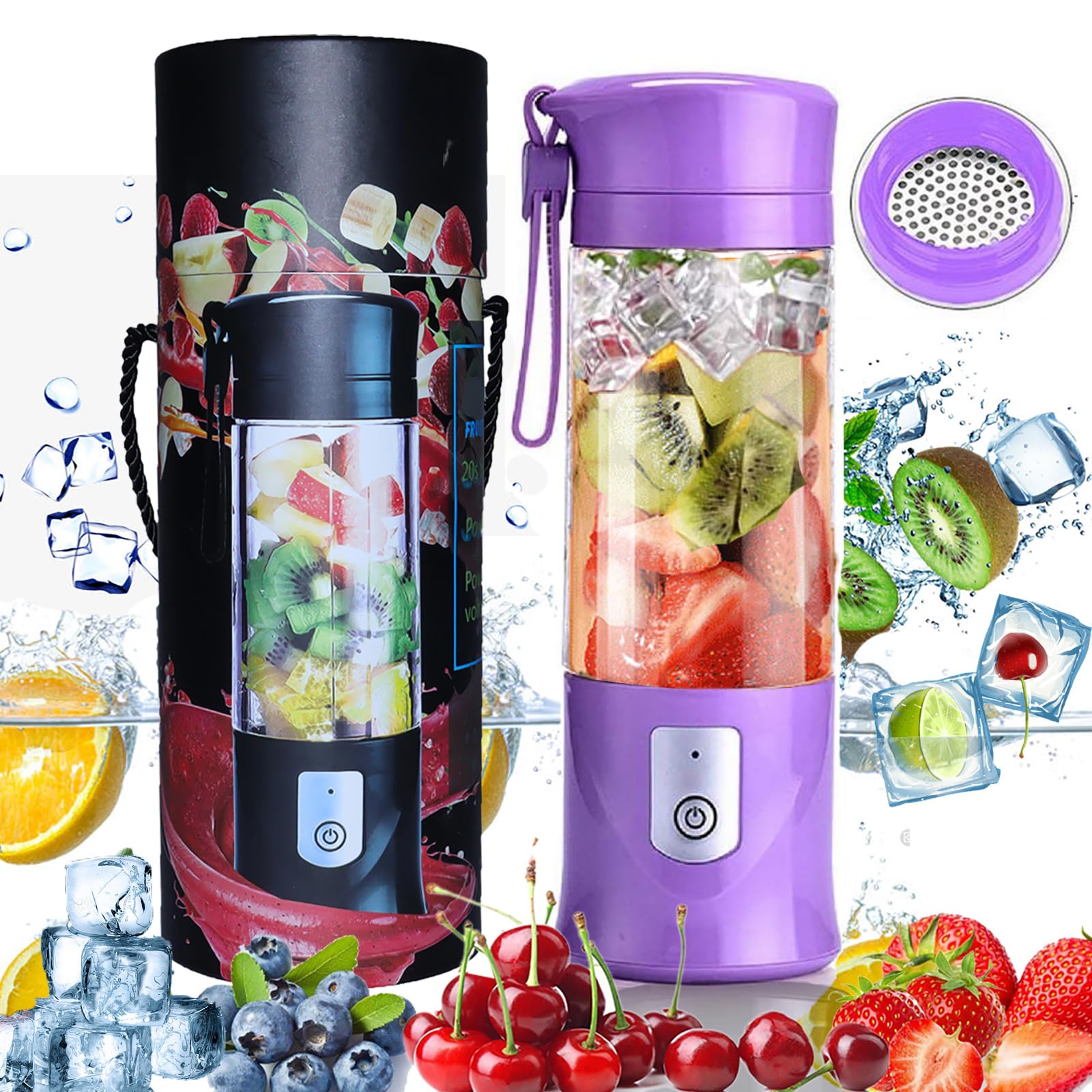 Portable Blender, Type-C Rechargeable Travel Juicer Cup + Glass Tumbler with Straw and Lid