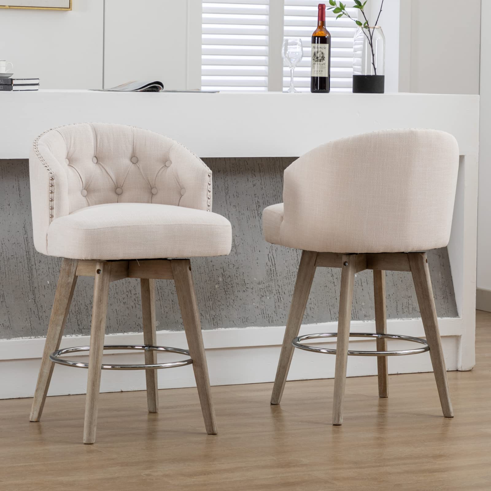 LukeAlon Linen Swivel Counter Stools Set of 4, Upholstered 27" Seat Height Low Barstools with Wood Legs Classic Button Tufted Back Counter Heighth Bar Chairs with Rivet for Kitchen Dining Room, Beige