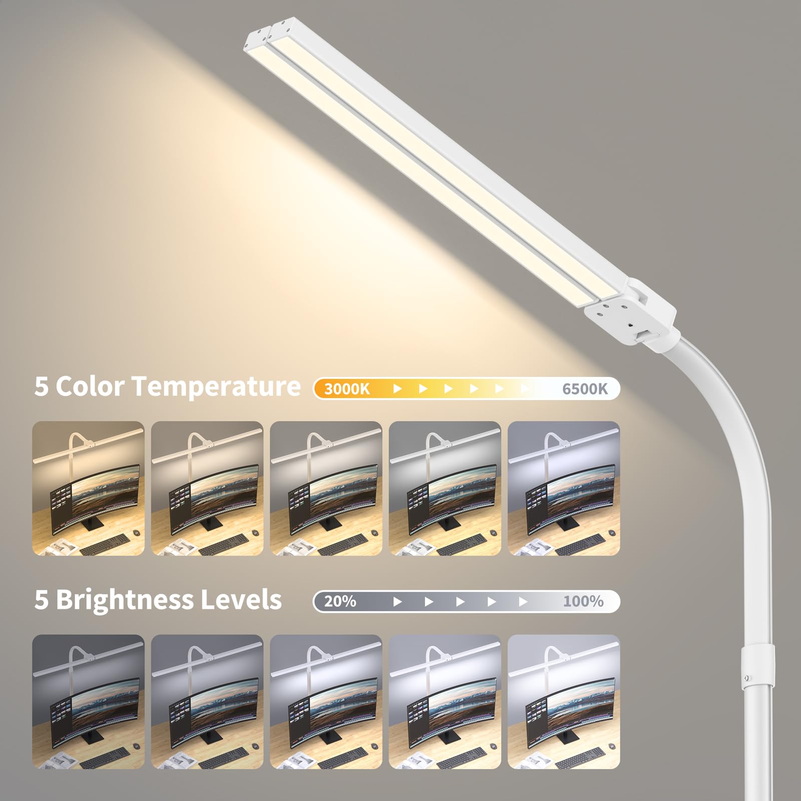 Kaulsoue Desk Lamp Architect Task Dual Head Modern Flexible Gooseneck Tall Dimmable Light for Home Office, 5 Color Modes,Remote Control, 1500lm 24W Extra Bright Lighting