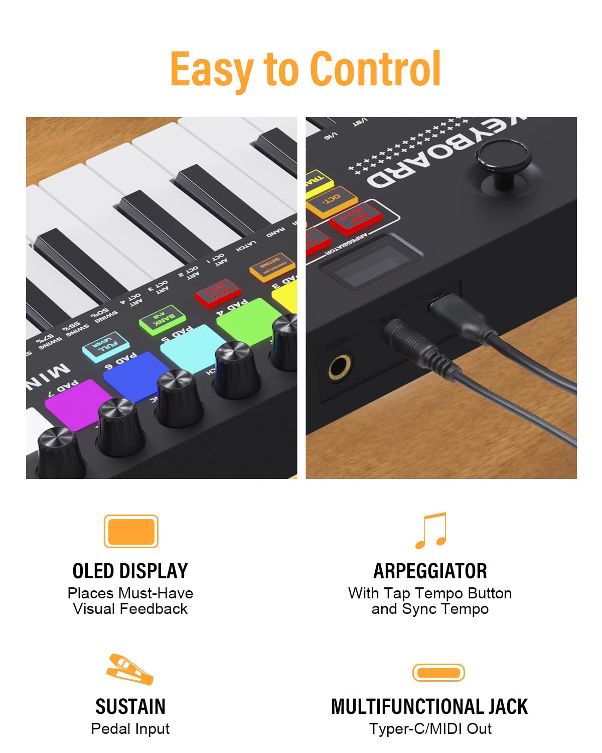 KONIX MIDI Keyboard Controller 25 Key, Portable USB MIDI with Velocity-Sensitive Mini Keys & OLED Screen Display for Mac/PC, Small MIDI Keyboard with Unique LOOP Function and 8 Backlit Drum Pads