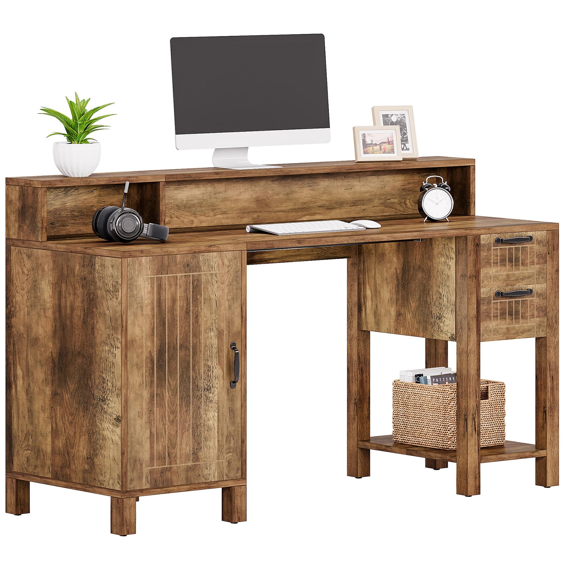 Tribesigns 55" Wood Executive Desk, Farmhouse Computer Desk with Drawers and Cabinet, Rustic Office Desk with Hutch and Storage Shelves, Large Study Writing Table for Home Office, Brown