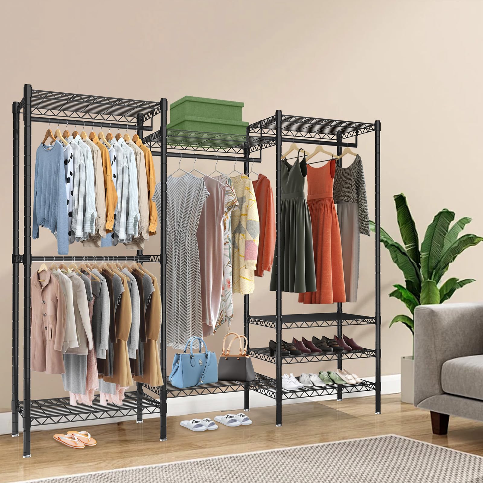 Portable Closet Wardrobe Heavy Duty Clothes Rack,Freestanding Closet Organizer,Multi-Functional Bedroom Clothing Rack with 5 Hanger Rod,8 Shelves,Adjustable Closet Organizers And Storage, Black