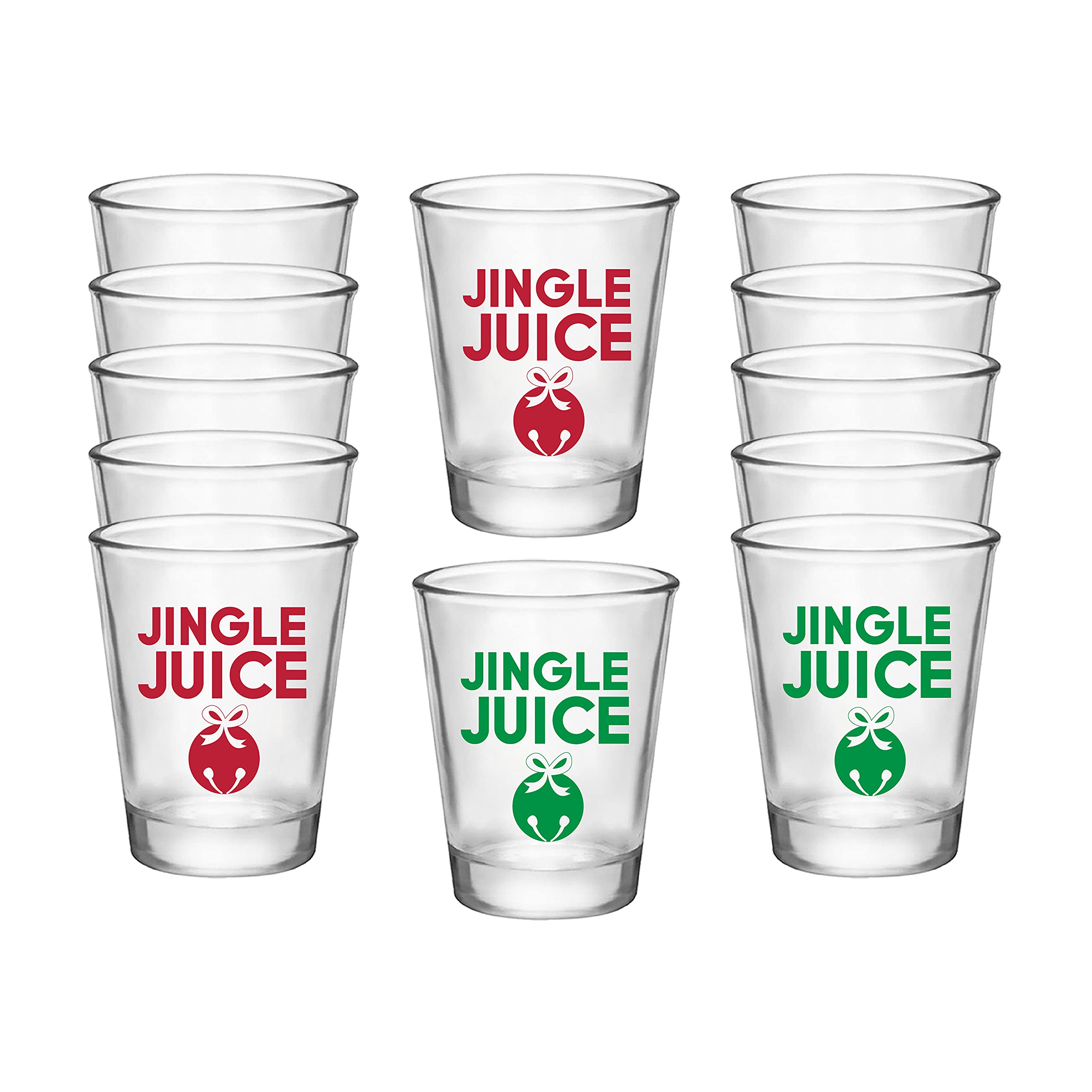 Let's Get Elfed Up - Green Christmas Shot Glasses - Set of 12 Glass Party Shot Cups with Double-Sided Prints - Holiday Cocktail Glasses for Drinking Liquor, Tequila, Vodka