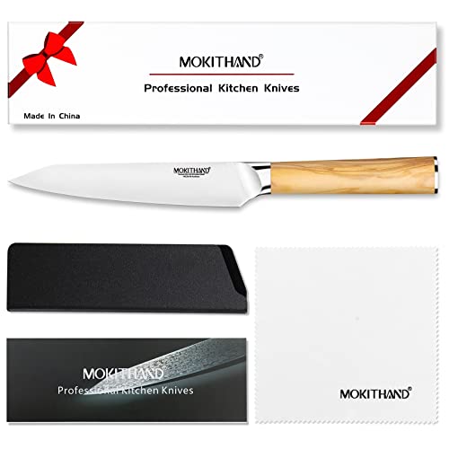 MOKITHAND Paring Knife 5 Inch Small Kitchen Knife, Professional Peeling Knife for Cutting Fruit Vegetables Meat, Forged German Steel Sharp Utility Knife with Sheath, Olive Wood Handle and Gift Box