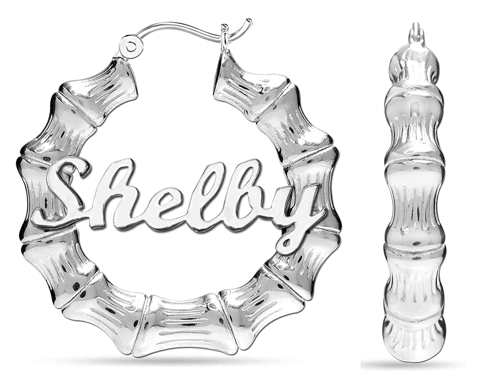 LeCalla Personalized Bamboo Earrings with Name Customized 925 Sterling Silver Bamboo Name Hoop Earrings for Women