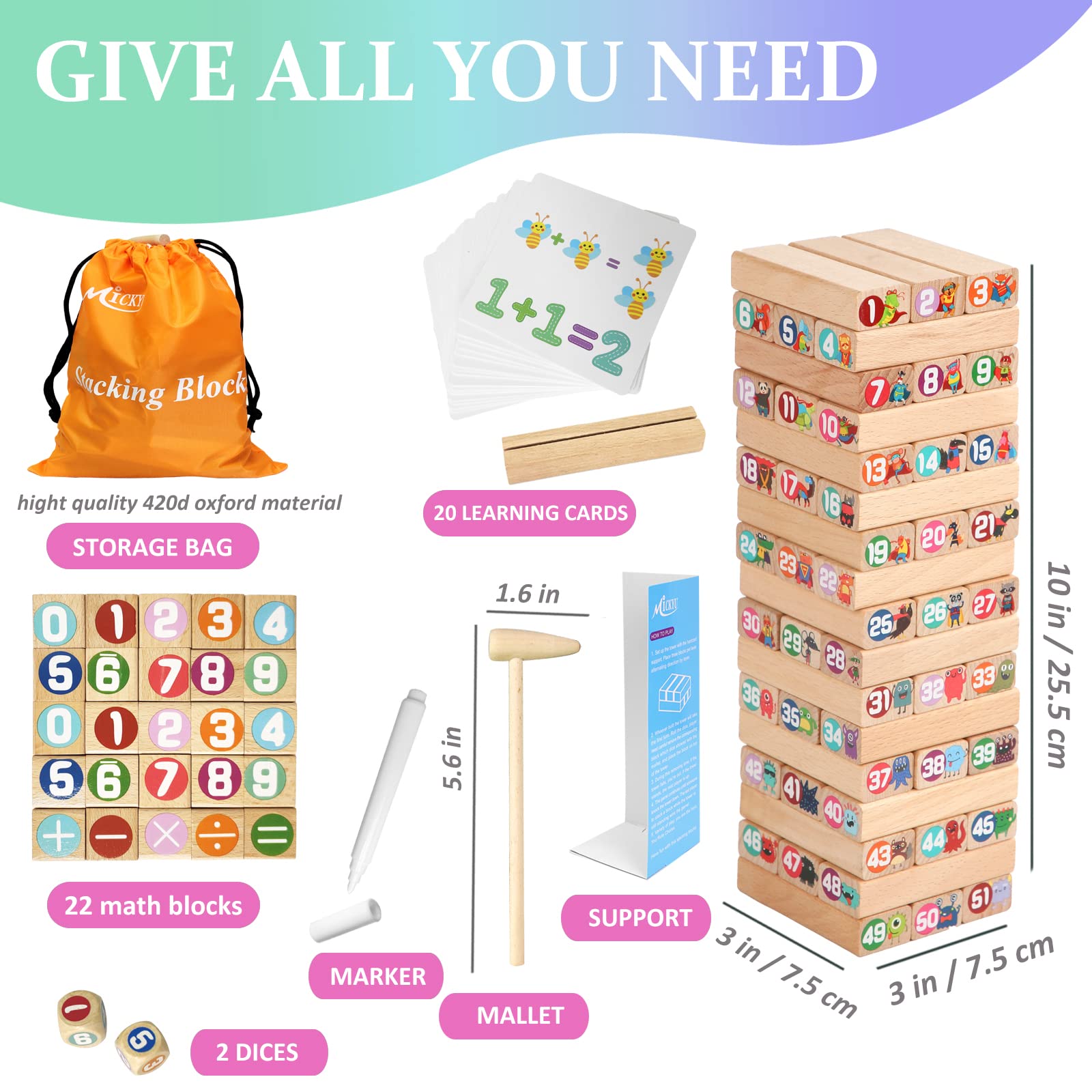 MICKYU 51 Pcs Wooden Blocks Stacking Tumbling Tower Game Kids Learning Math Toys with Dices, Mallet, Number Blocks, Cards, Tray, and Storage Bag
