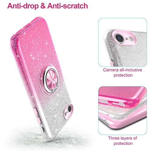 PeeTep iPhone SE 2020 Case,iPhone SE 3 Case Glitter for Girls,iPhone 8 Case,iPhone 7 Case,Slim Sparkly Case with 360°Ring Holder Kickstand Magnetic Car Mount Shock-Absorbent Durable Cover, Pink