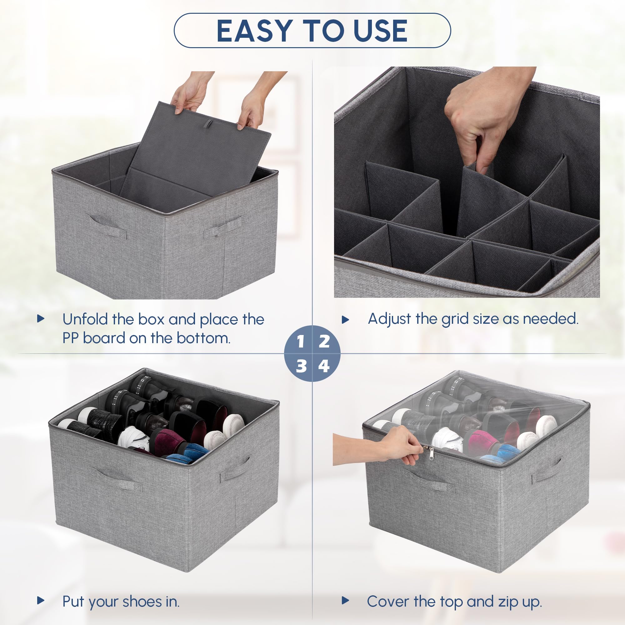 WELTRXE 2 Pack Shoe Organizer for Closet, Fits up to 32 Pairs, Small Space Shoe Storage Boxes Bins Containers w/Adjustable Dividers, Space Saving Shoes Holder W/Reinforced Handles, Gray
