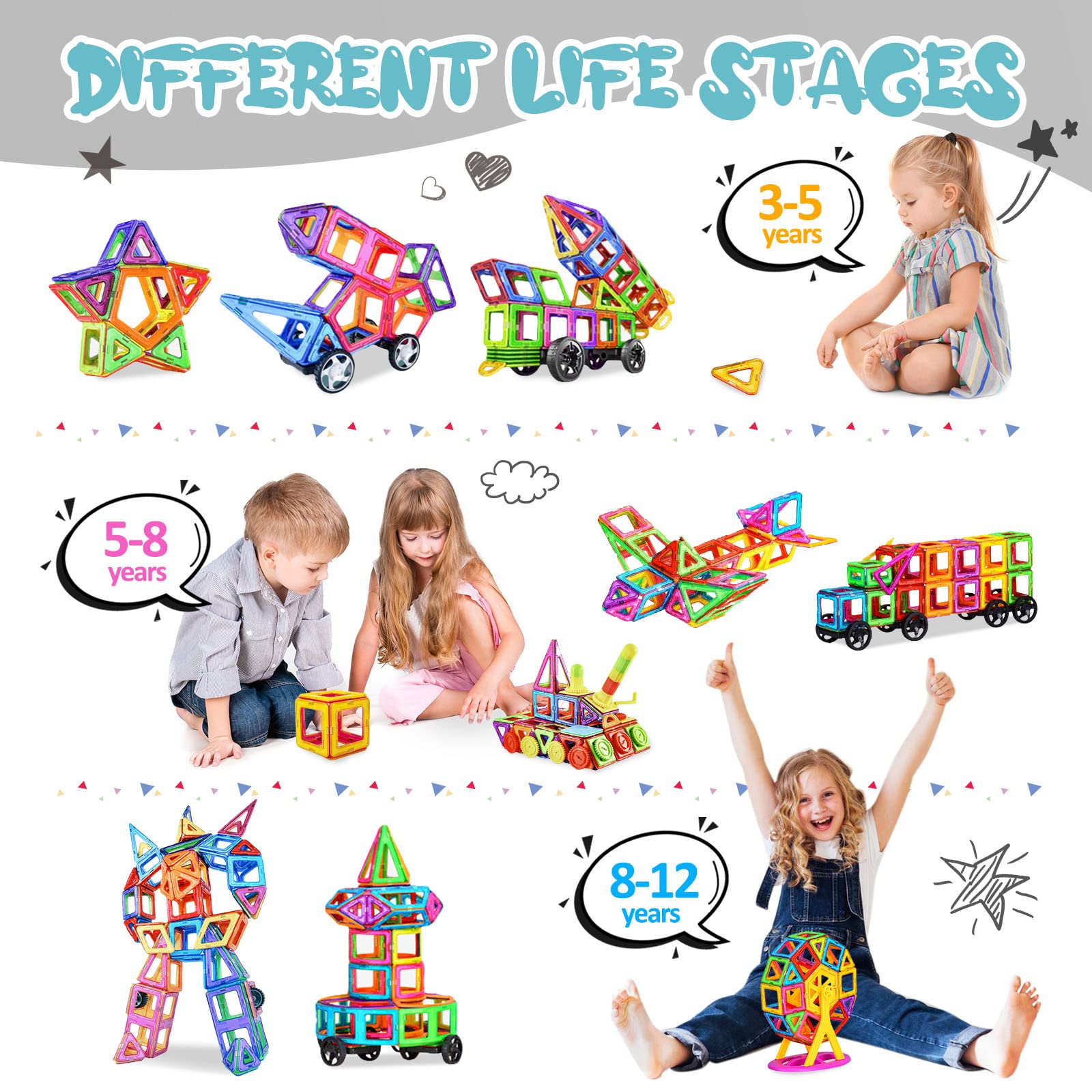 MSVDT Magnetic Tiles Building Blocks Toys for Kids, 195 Pieces 3D Creative Castle Construction Magnetic Stacking Set,STEM Creativity/Educational Toys for Kids Easter Basket Gifts