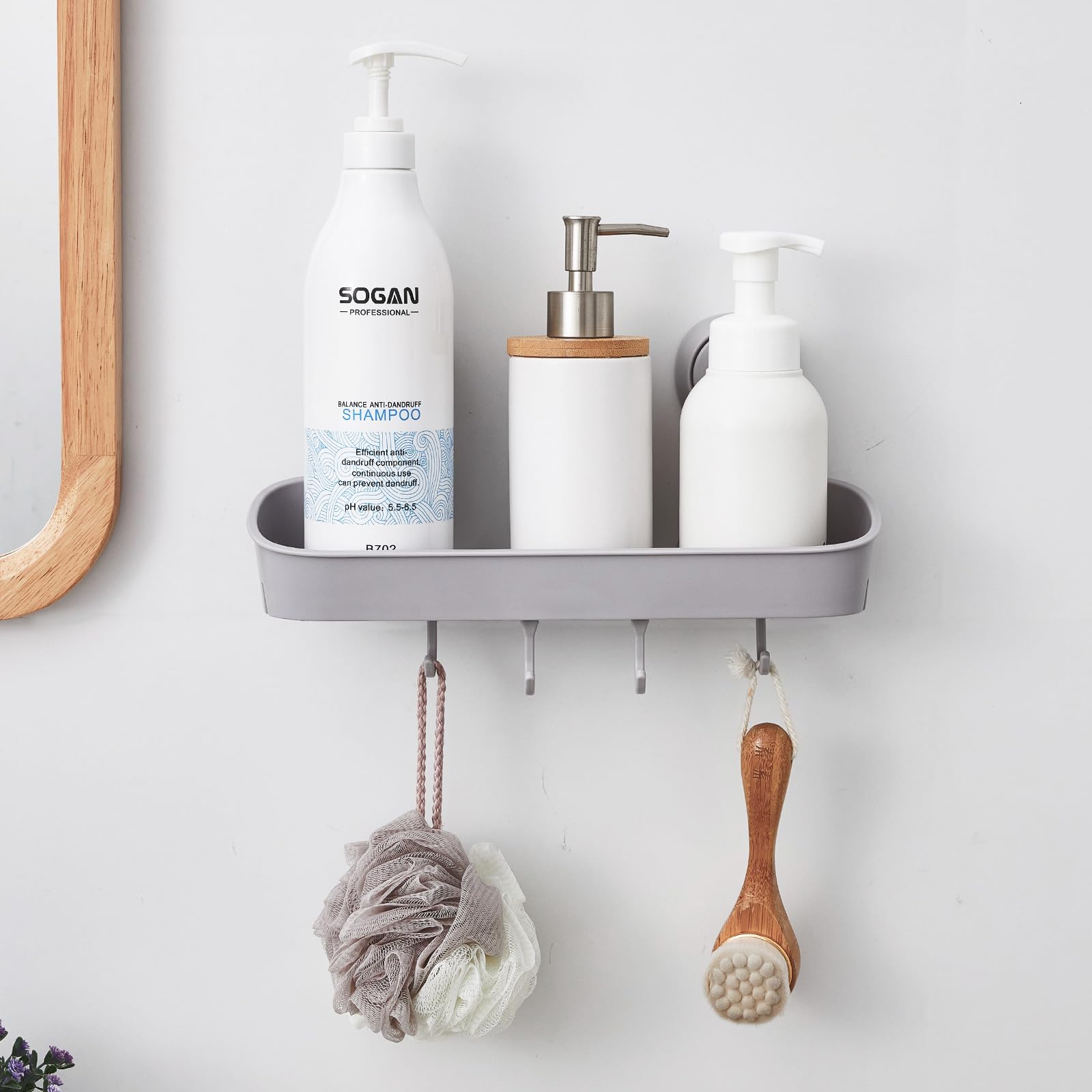 TAILINK Shower Caddy Suction Cup With 4 Hooks, Shower Basket Wall Mounted Bathroom Organizer for Shampoo, Body Wash, Conditioner, Plastic Shower Shelf for Kitchen, No Drilling & Removable, Grey
