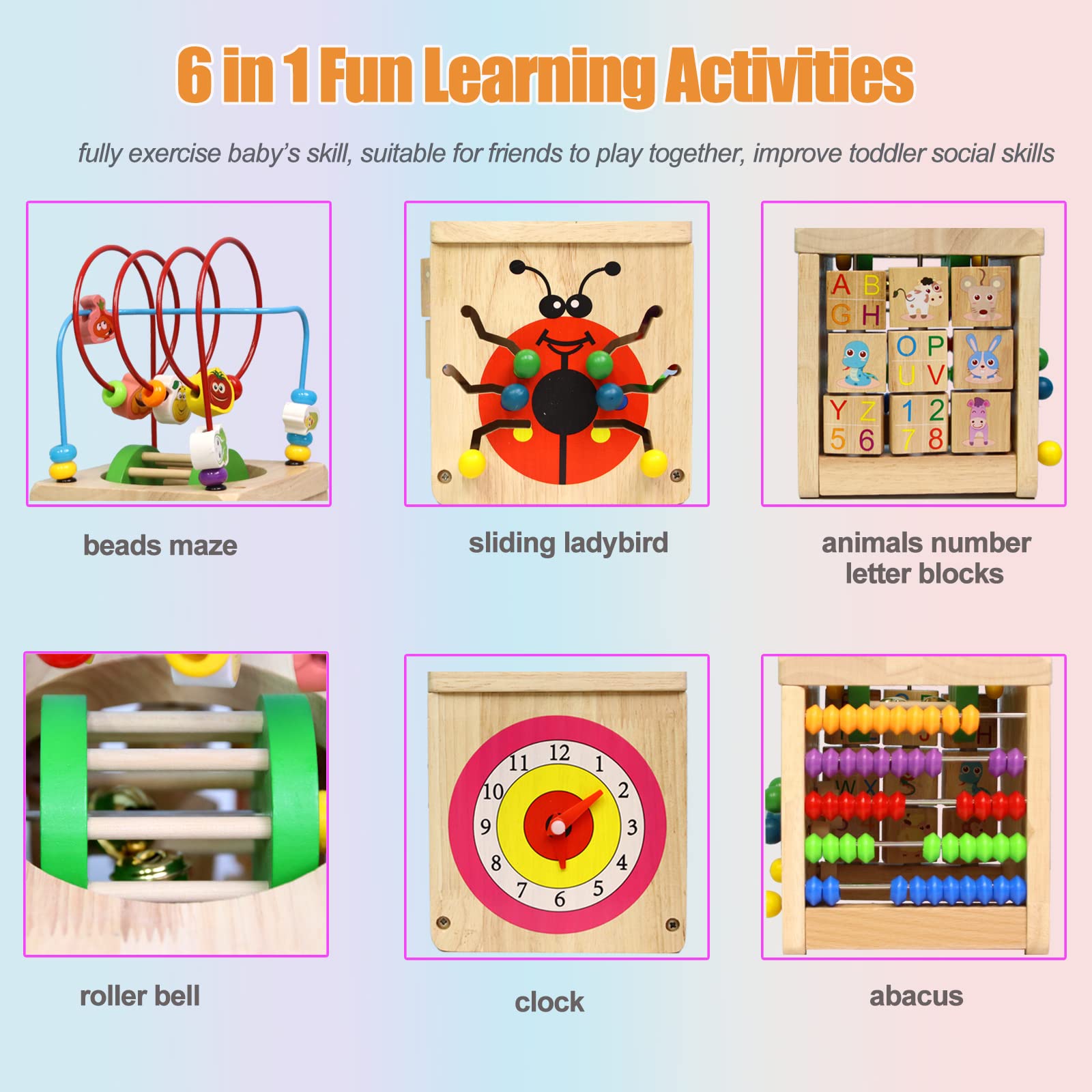 MICKYU Wooden Busy Cube Toy with Abacus, Bead Maze, and Shape Sorter - Early Learning Developmental Toy for Boys and Girls Ages 1-3