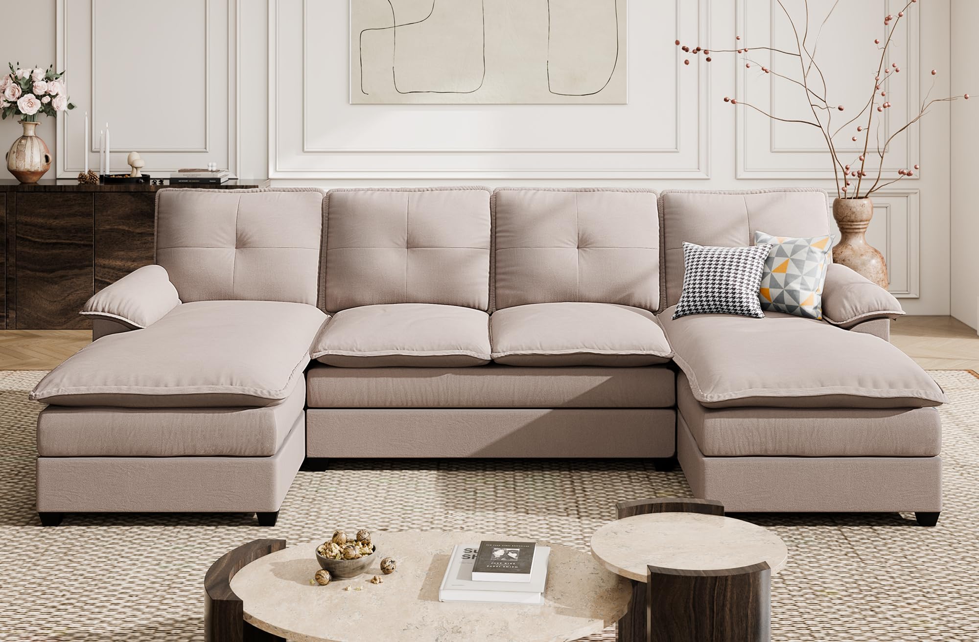 Shintenchi 110" Modular Sectional Couches for Living Room, U-Shaped Sofa Couch with Double Chaise, 4 Seat Sofa Sets with Thick Cushion & Soft Backrest, Beige