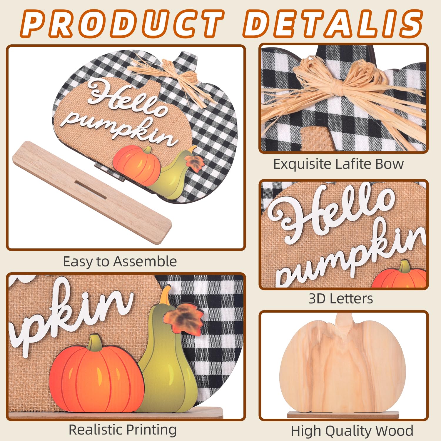 IDATOO Fall Decoration Signs, Hello Pumpkin Fall Décor for Fireplace and Tabletop Centerpiece - Cozy Wooden Rustic Buffalo Plaid Design for Halloween, Thanksgiving, and Autumn Holiday Indoor