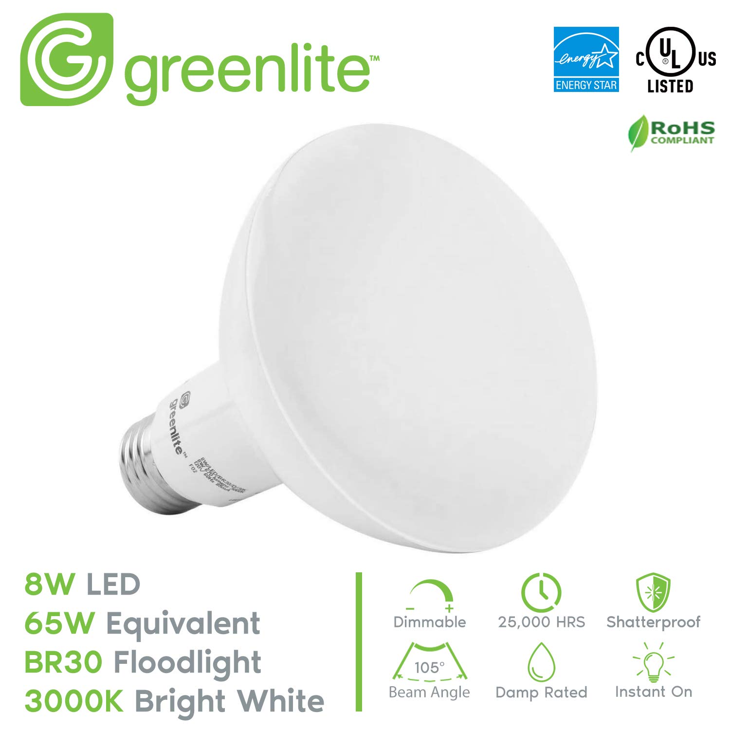 Greenlite BR30 LED Flood Light Bulbs, 65W Equivalent, 670 Lumens, Dimmable, Energy Star, E26 Medium Base, 3000K Bright White, 12-Pack