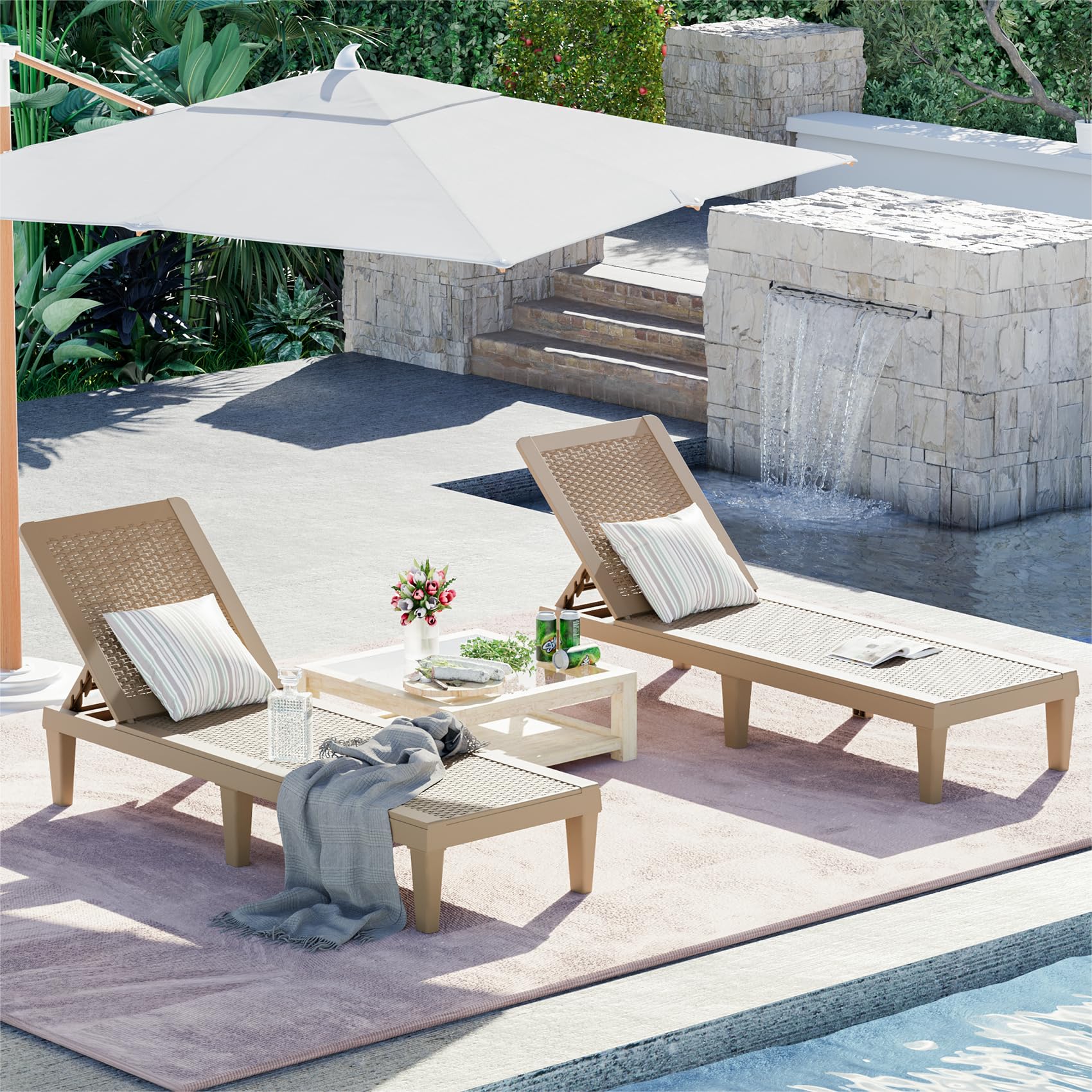 Greesum Outdoor Chaise Lounge Chairs Set of 2 with Adjustable Backrest, Waterproof PE Easy Assembly, Lightweight for Patio, Poolside, Beach, Yard, Light Coffee