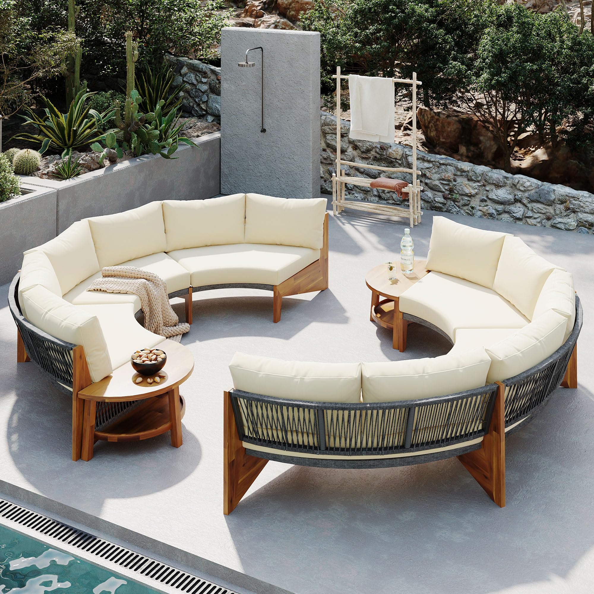 Quarte Outdoor Acacia Wood Round Sofa Set, Half-Moon Sectional Sets with Coffee Table,6-Person Seating Group for Garden, Deck (Beige/Half-Moon*A)