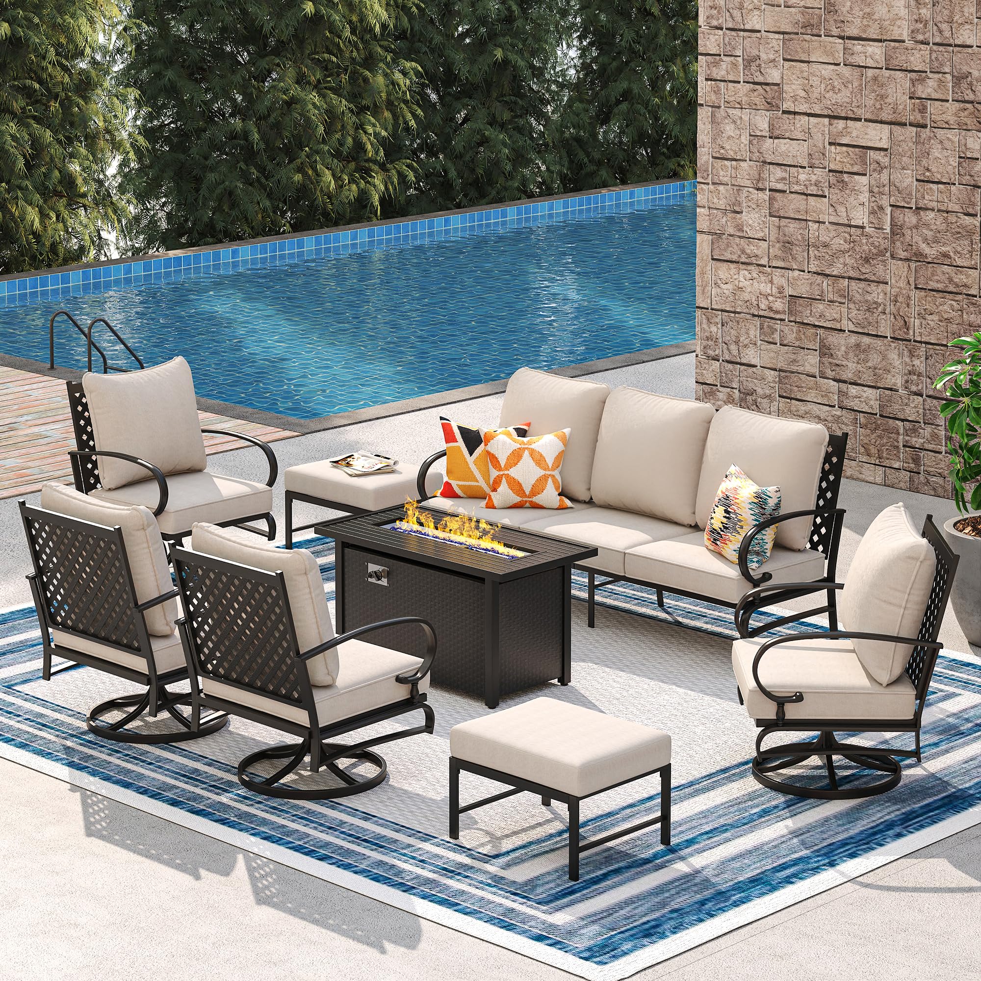 VICLLAX 8 Pieces Patio Furniture Set with 45-inch Firepit,Outdoor Furniture of 3-Seater Sofa, 4 Patio Swivel Chairs and Metal Top Firepit with 2 Ottomans for Backyard Deck and Garden
