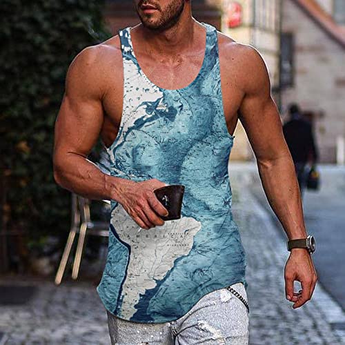 Mock Neck Knit Top Mens Summer Surf Beach Tank Top Large Size Casual Breathable Sleeveless Top Loose Full Print Tank Top Blue