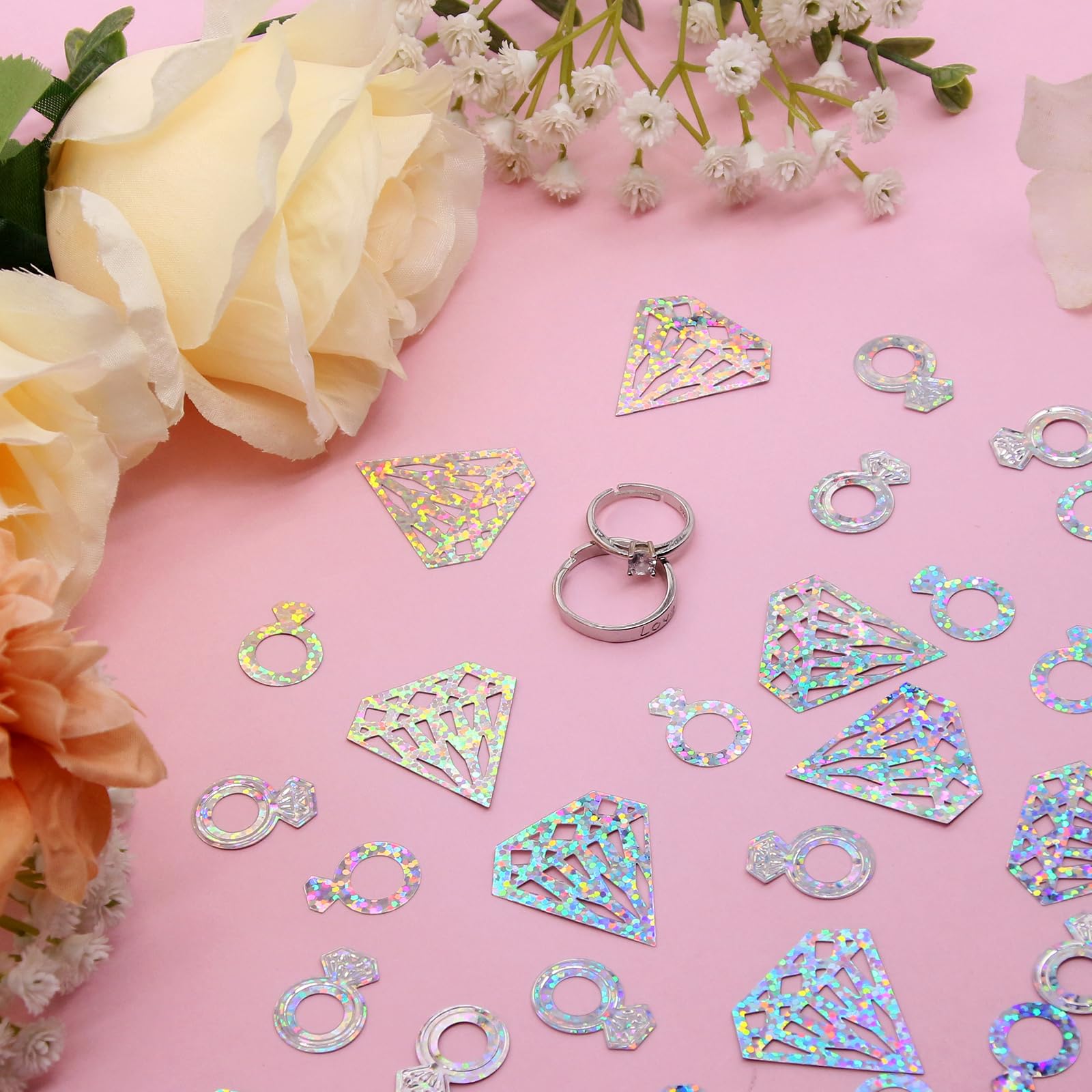 WenmthG 800 PCS Diamond Ring Confetti Bridal Shower Confetti Decorations 60 g / 2.11 oz Silver Bachelorette Party Table Ring Confetti Glitter for Engagement Bridal Shower Valentine Wedding Decoration