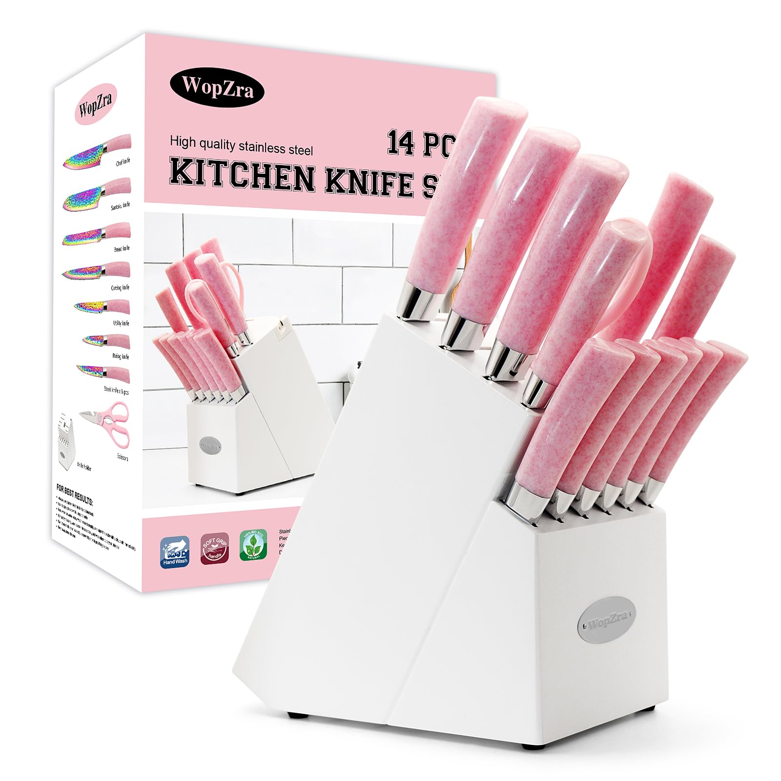 Rainbow Kitchen Knife Set Non Stick Knives with Wood Storage, Serrated Steak Knife, Chef Knife, Scissors with Built-in Sharpener, 14Pcs Ultra-Sharp Cutlery Block Sets for Home & Pro Use Best Gift