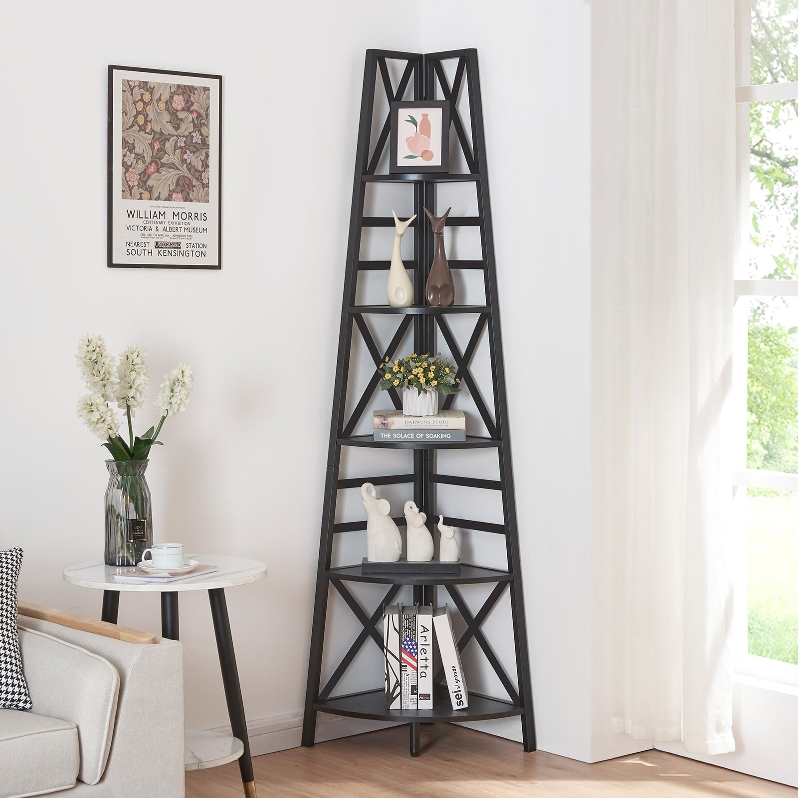 HOMBAZAAR 5-Shelf Industrial Corner Bookcase and Shelf, Standing Tall Corner Bookshelf Display Unit Storage Rack for Home Livingroom Small Space, Retro Brown Finish
