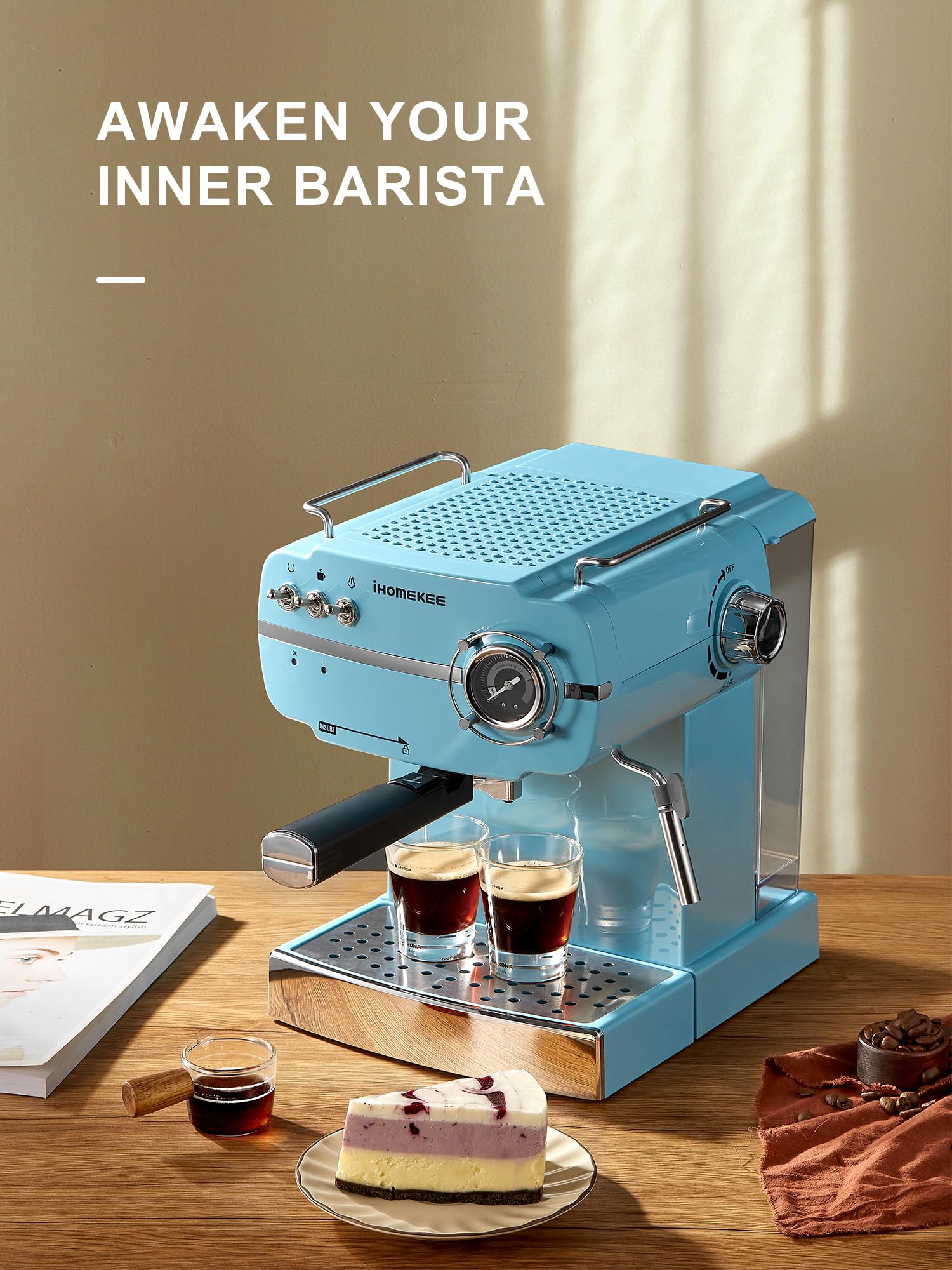 Ihomekee Espresso Machine, Retro Style Espresso Coffee Maker with Fast Heating Automatic, Latte & Cappuccino Maker with Milk Frother Steam Wand, Pressure Gage, Aqua - CM6885A (Retro Style Aqua)