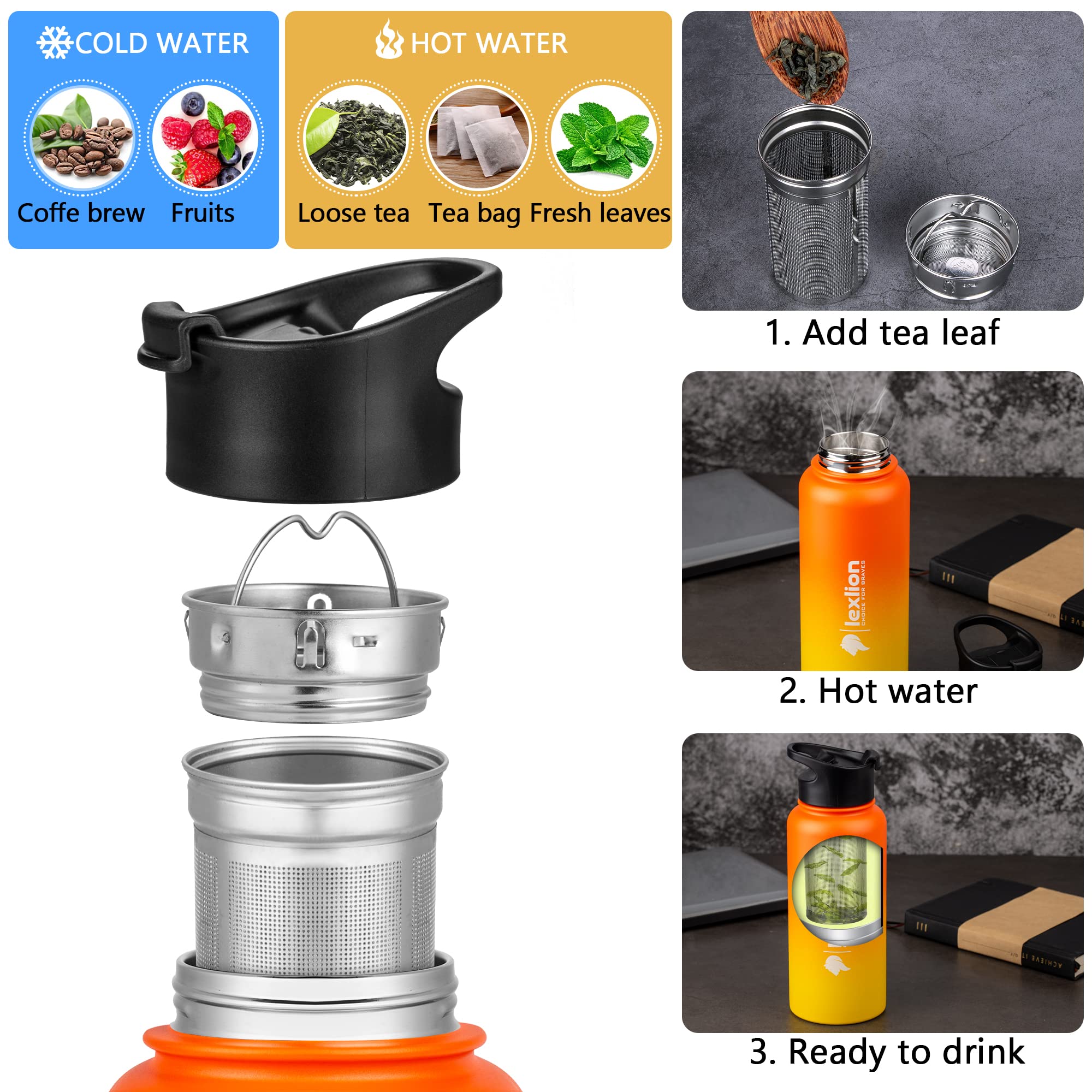 lexlion Water Bottle 32 Oz, Triple Walled Insulated Stainless Steel Reusable, Wide Mouth, Fruit Diffuser-Thermal Leaf Infuser, Silicone Sleeve&Cleaning Brush, 3 Lids Leak Proof, Metal