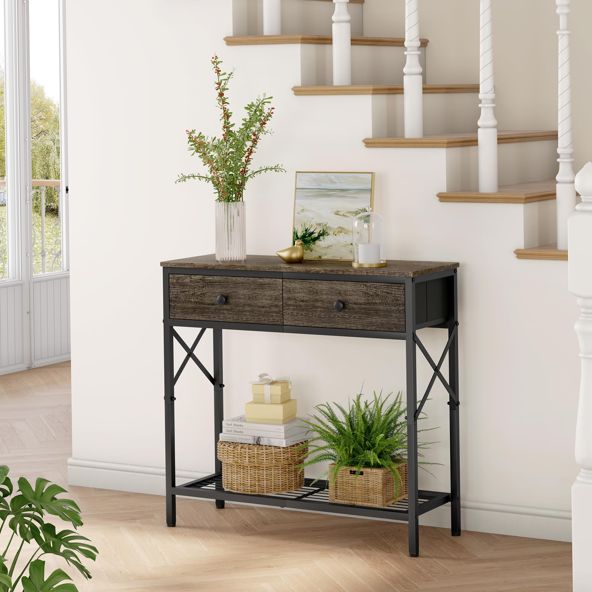 Tajsoon Console Table with 2 Fabric Drawers, 2-Tier Industrial Entryway Table with Storage Shelves, 31.5'' Narrow Sofa Table, Display Shelf for Entryway, Hallway, Living Room, Foyer, Greige