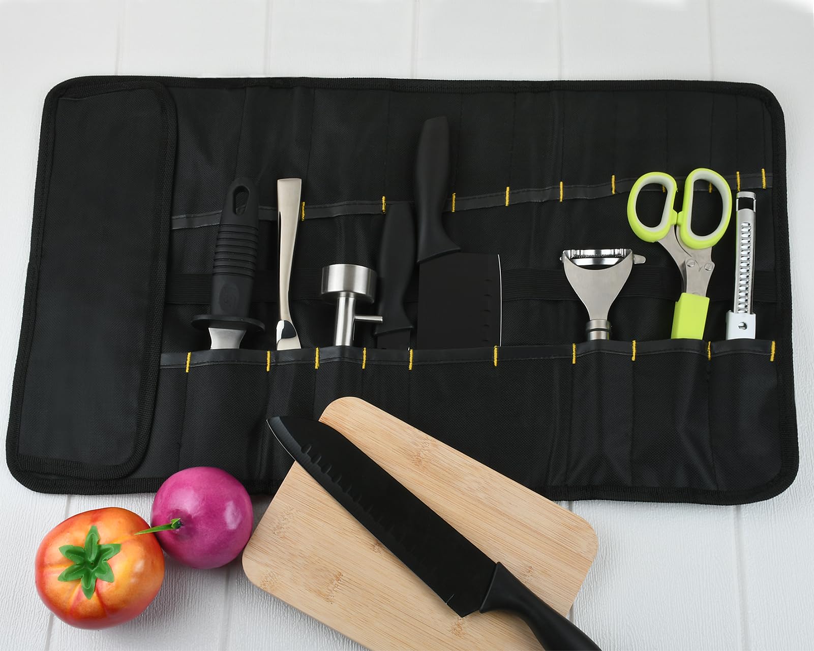 Victhur Knife Roll 10 Slots Plus 1 Pocket Canvas Chef Knife Bag for Meat Cleaver, Knife Hone, Utensils and Kitchen Tools Up to 12”(Bag Only)