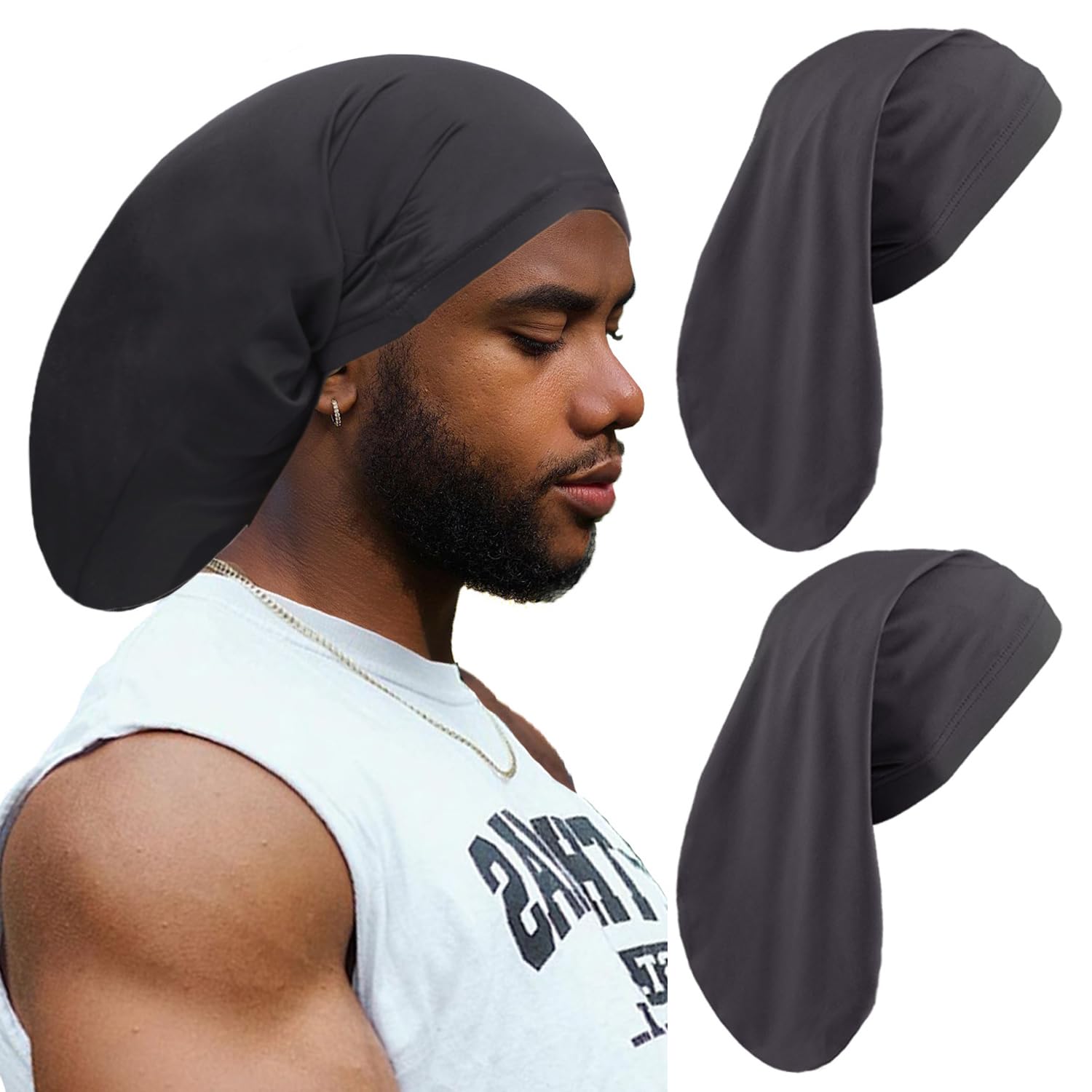 Leeven 2 Packs Dreadlock Cap Designed for Men with Natural Curly Wave Hair Dreadlock Cap Long Hair Dreads Head Wrap Sleeping Cap Hair Accessories Sleep Cap for Menβ¦