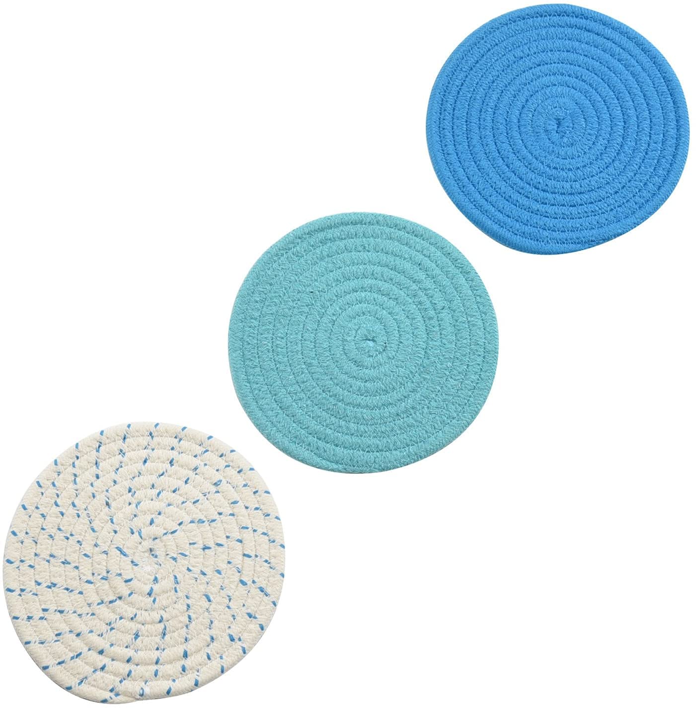 Kitchen Pot Holders Set Trivets Set 100% Pure Cotton Thread Weave Hot Pot Holders Set (Set of 3) Stylish Coasters, Hot Pads, Hot Mats, Spoon Rest for Cooking and Baking by Diameter 7 Inches (Blue)