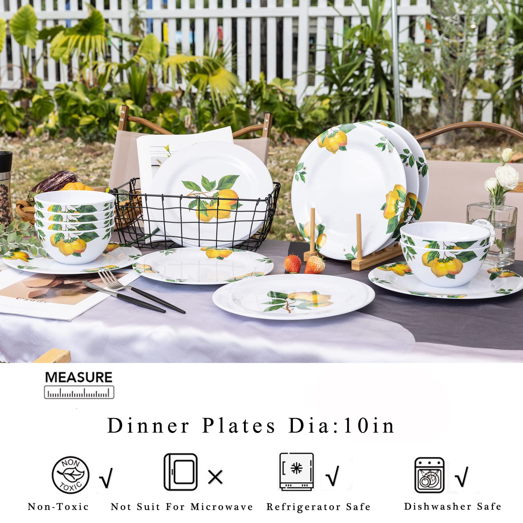 Lemon Dinner Plates, 6pcs Melamine Dishes Set, Indoor and Outdoor use, 10inch, White