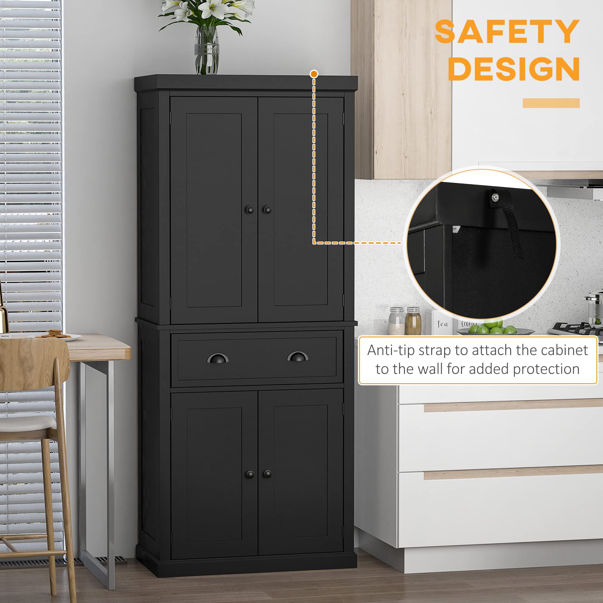 HOMCOM 72.5" Kitchen Pantry Cabinet, Traditional Freestanding Storage Cabinet with 4 Doors, Drawer and 3 Adjustable Shelves for Dining Room, Brown