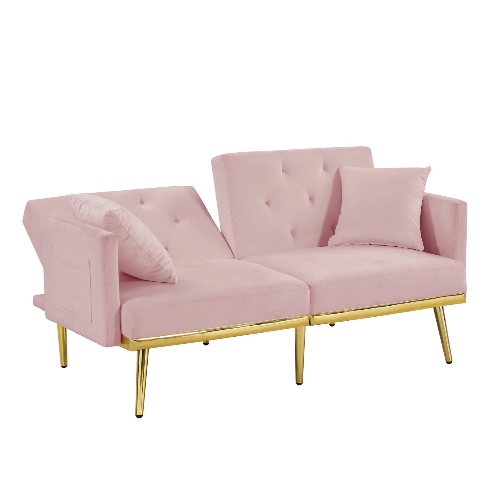ROCKINGRUN 59'' Convertible Velvet Sofa Bed, Loveseat Sofa Bed with Metal Support Feet, Modern Comfy Loveseat Couch, Adjustable Backrest, Stylish Tufted Sofa Bed for Living Room, Bedroom (Pink)