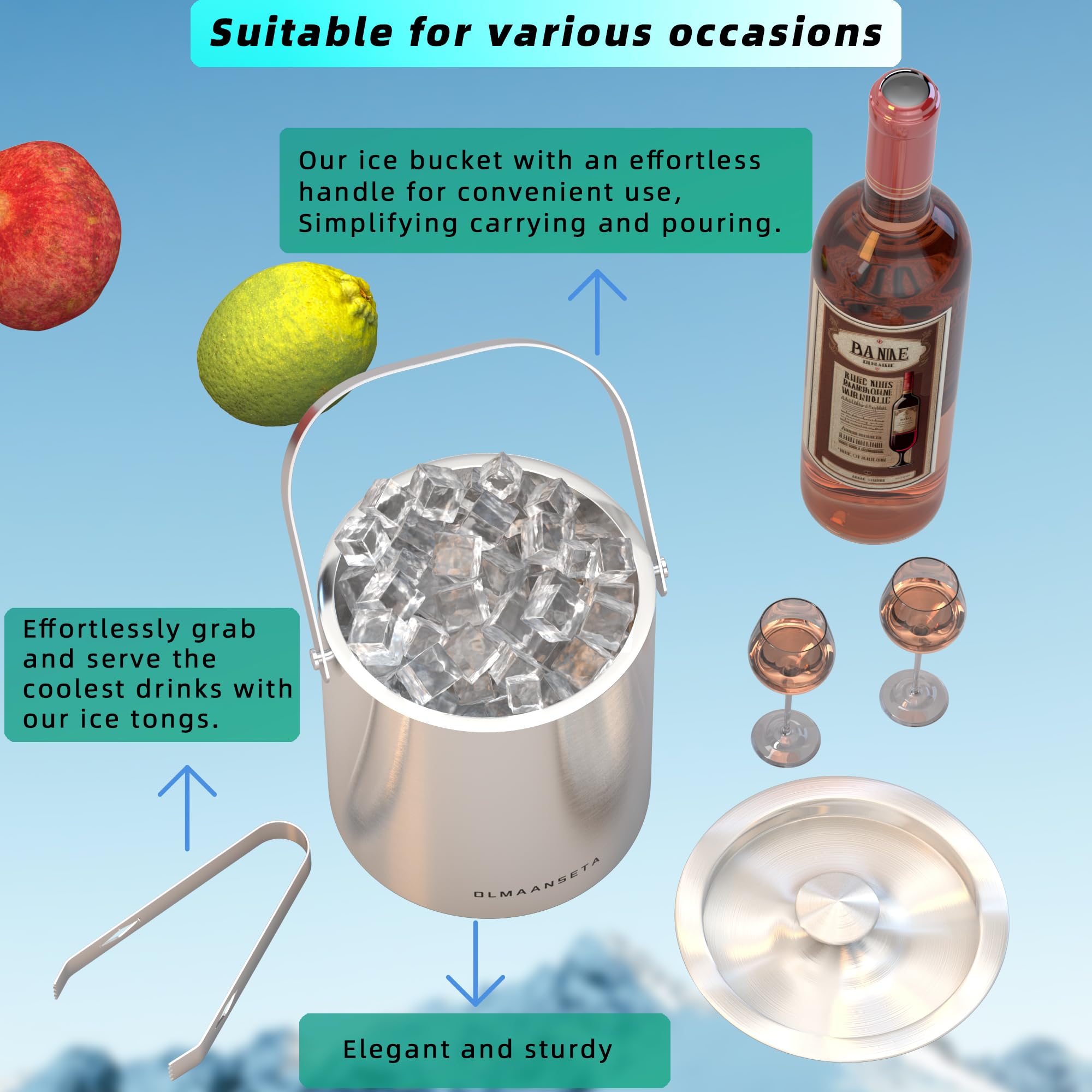 Olmaanseta Stainless Steel Ice Bucket For Parties With Lid And Ice Tongs,Insulated Wine Bucket With Strainer Keeps Drinks Cold And Ice Cube From Melting