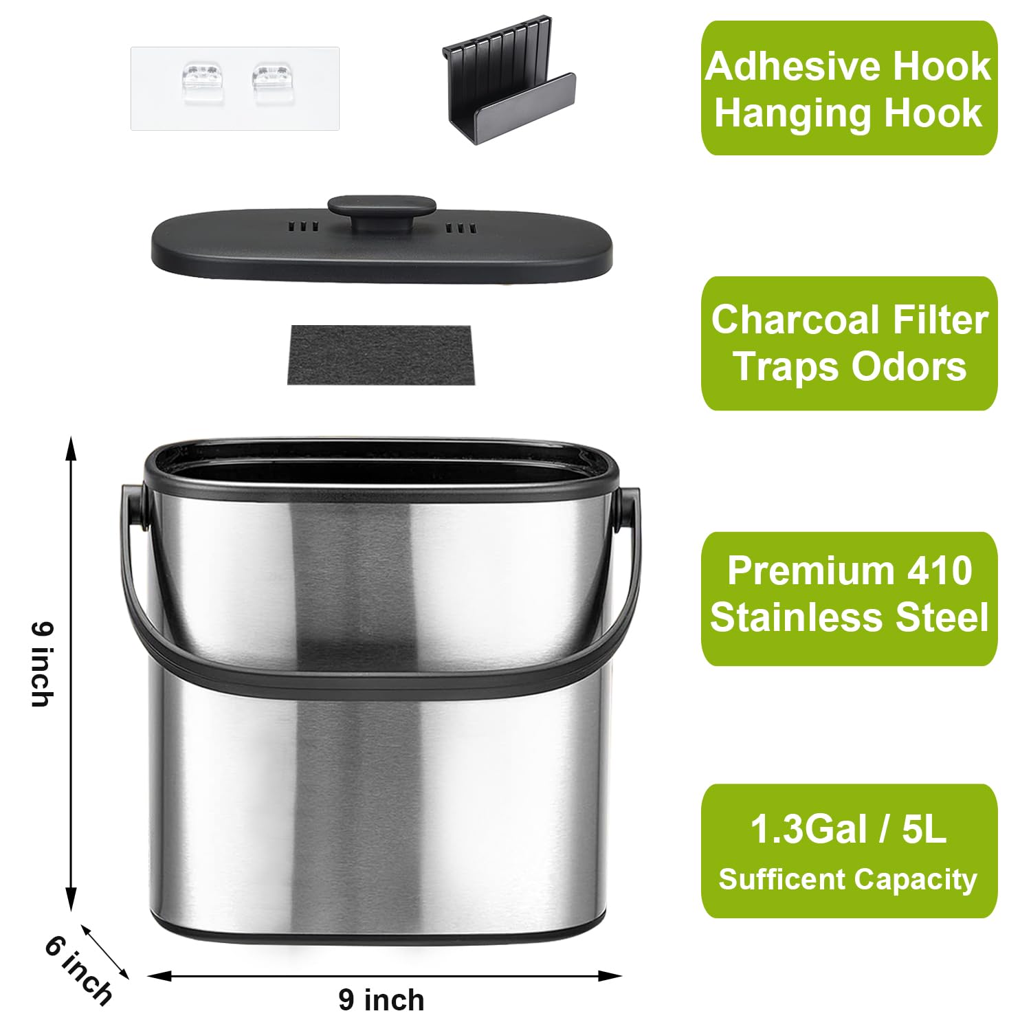 Tegneo Kitchen Compost Bin Countertop, 1.3 Gallon Stainless Steel Kitchen Garbage Can with Lid, Hanging Trash Can for Kitchen Cabinet Door, Under Sink or Wall Mount, Odorless