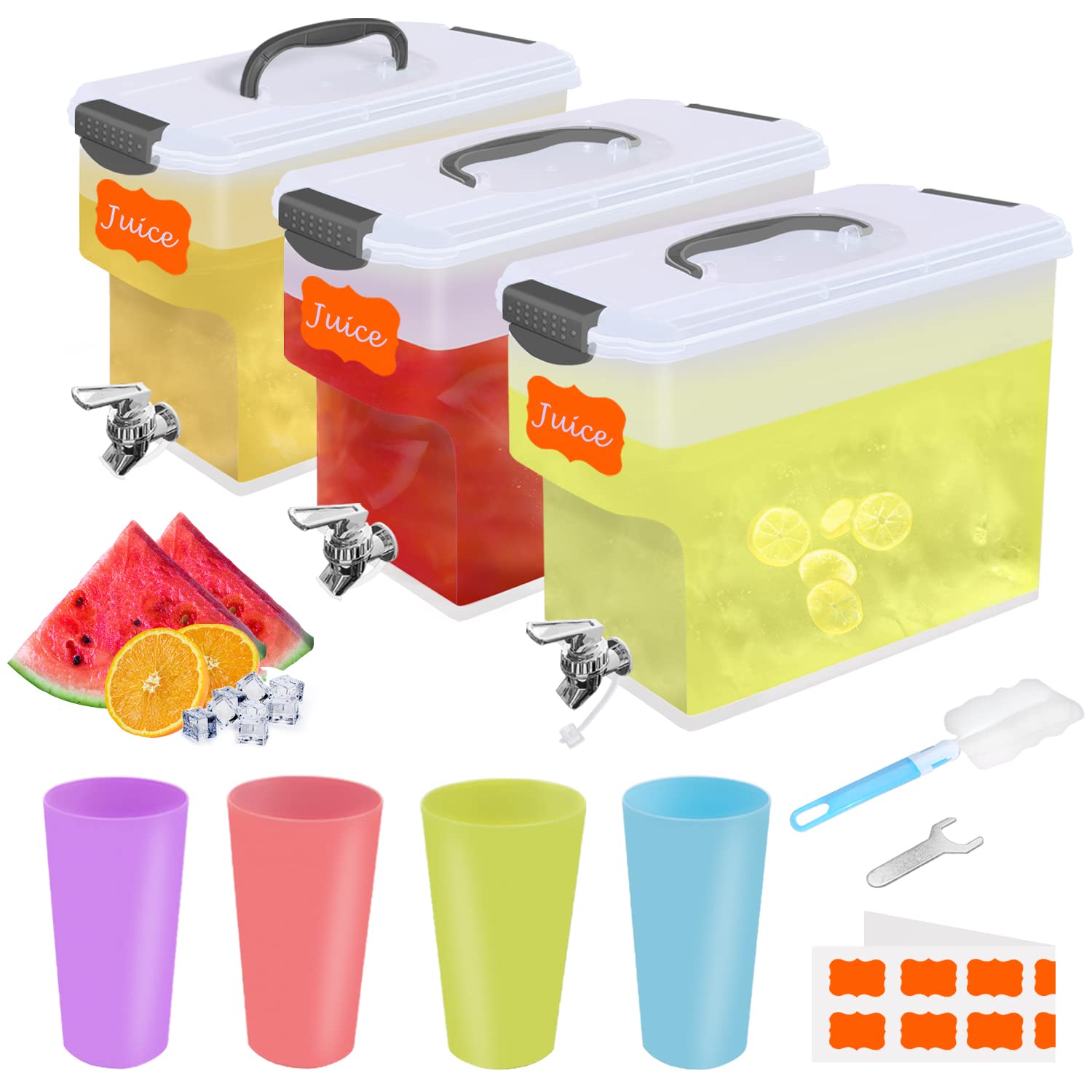 KITHOUSE Drink Dispenser For Fridge, 3.5L/0.9Gallon 3 Pack PP Plastic Beverage Dispenser Water Container with Faucet Handle 4 Cups Water Lemonade Juice Milk Dispenser