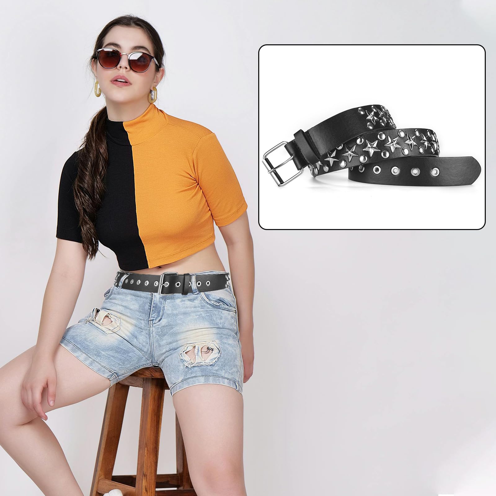 Olutacot 4 Piece Studded Rivet Double Grommet Belt Set - Faux Leather Gothic Goth Black - Punk Style Accessories for Men Women - Ideal Gift