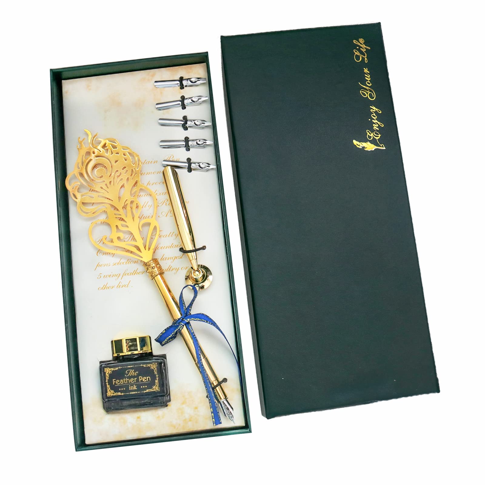 Jubapoz Feather Pen Calligraphy Pen and Ink Set Antique Refillable Writing Quill Ink Dip Pens for Writing, Drawing, Signatures, Wedding, Birthday, Retro Decoration (Flame)