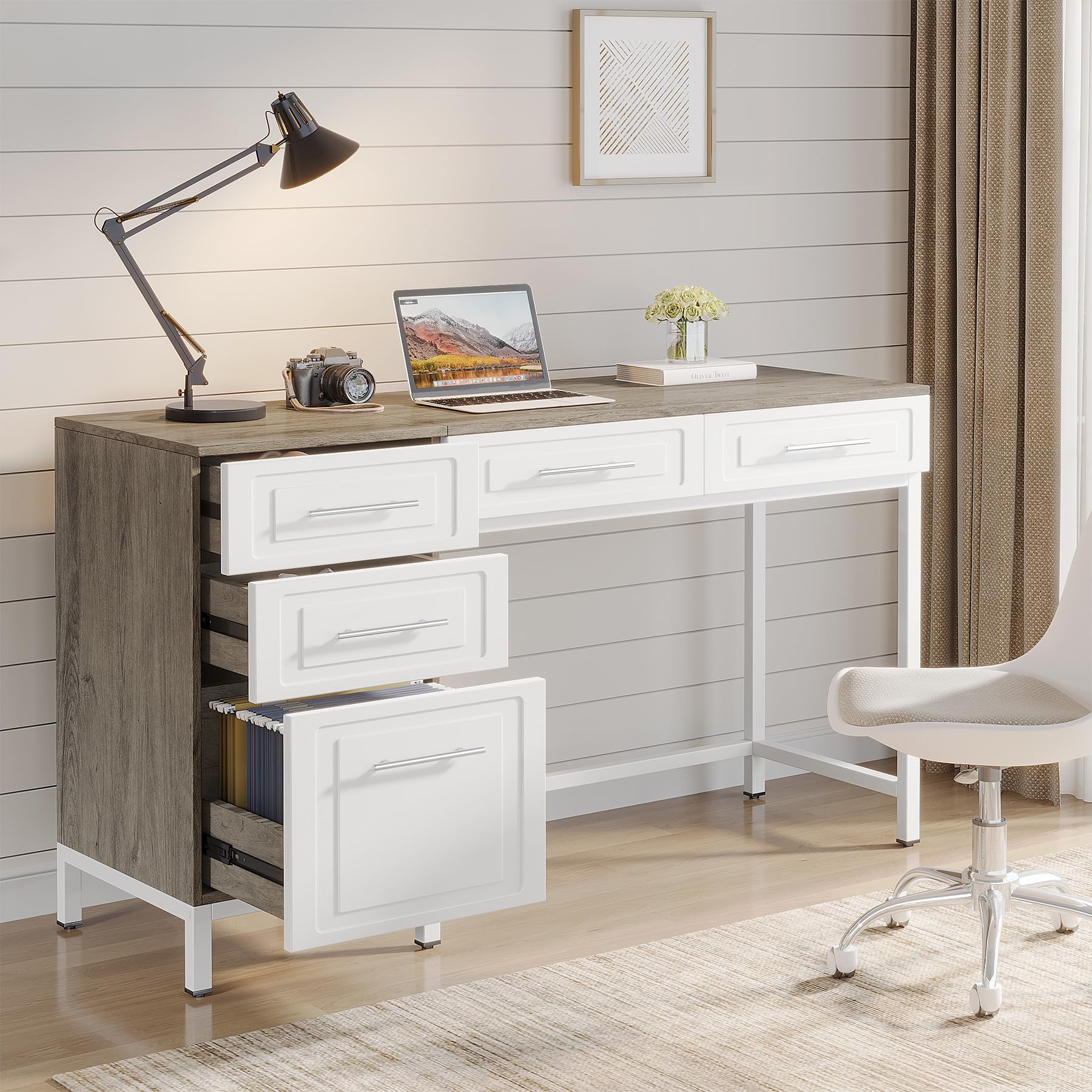 Tribesigns Computer Desk with 5 Drawers, 55-Inch Reversible Home Office Desk with File Drawer Cabinet, Modern PC Desk with Storage, Study Writing Table Workstation for Small Spaces, White and Gray